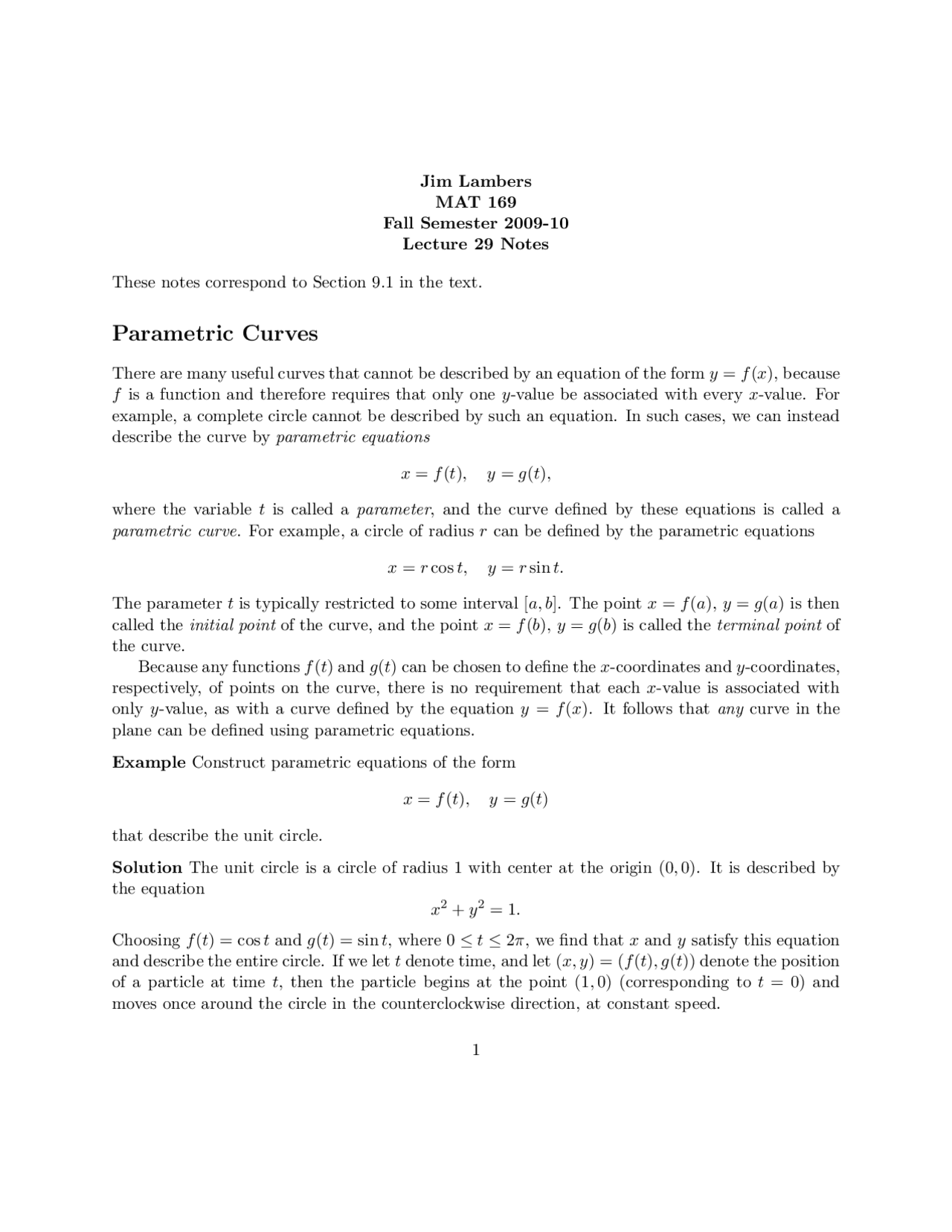 Notes On Parametric Curves Calculus Iii With Analytic Geometry Mat