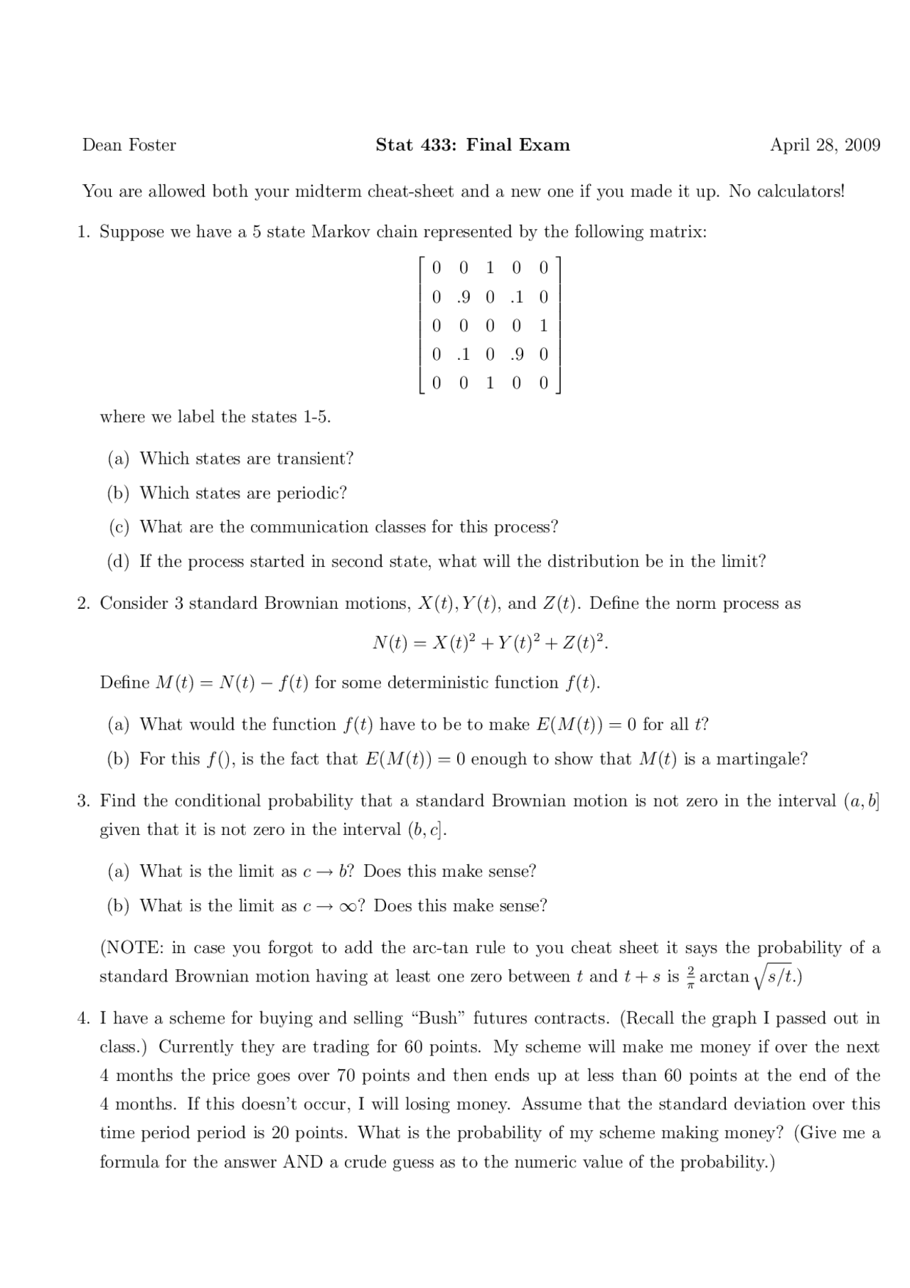 Stochastic Processes 7 Problems On Final Exam Stat 433 Docsity