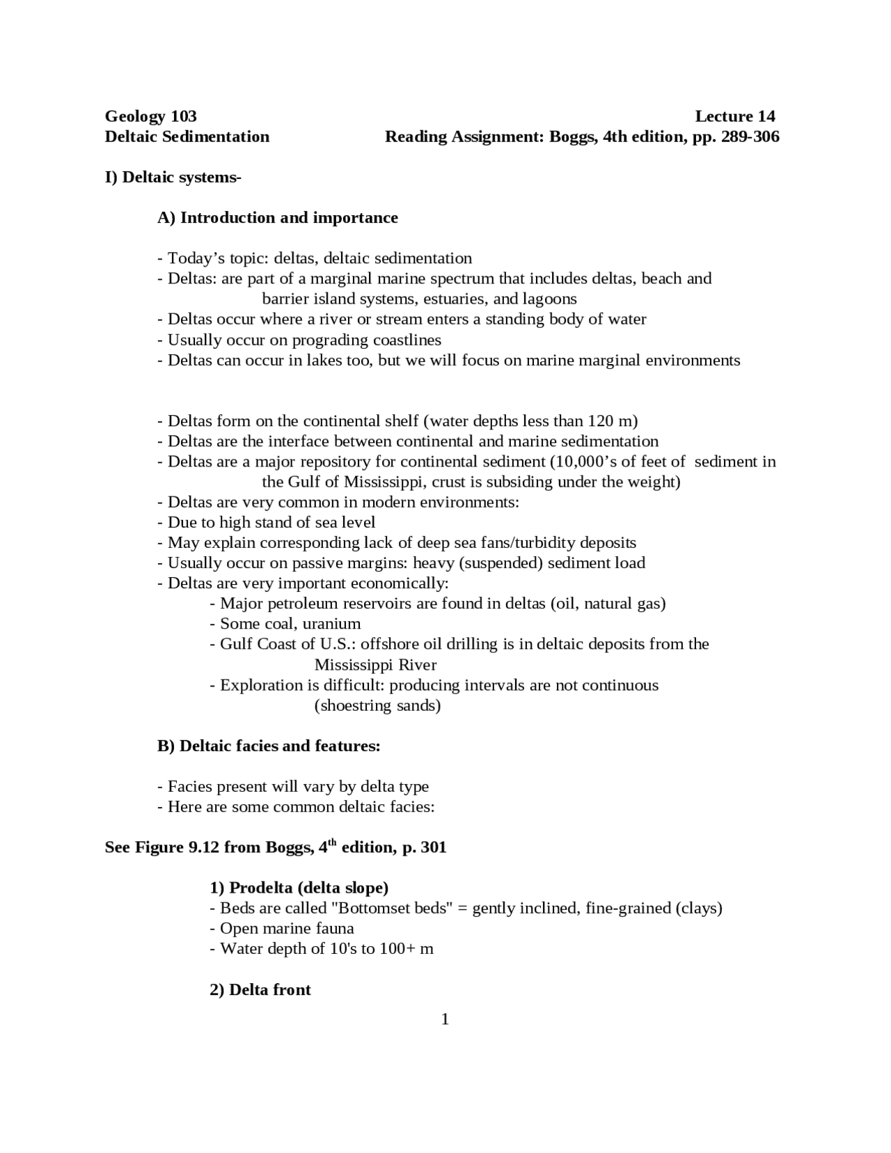 Notes On Deltaic Sedimentation Stratigraphy Geol 103a Docsity