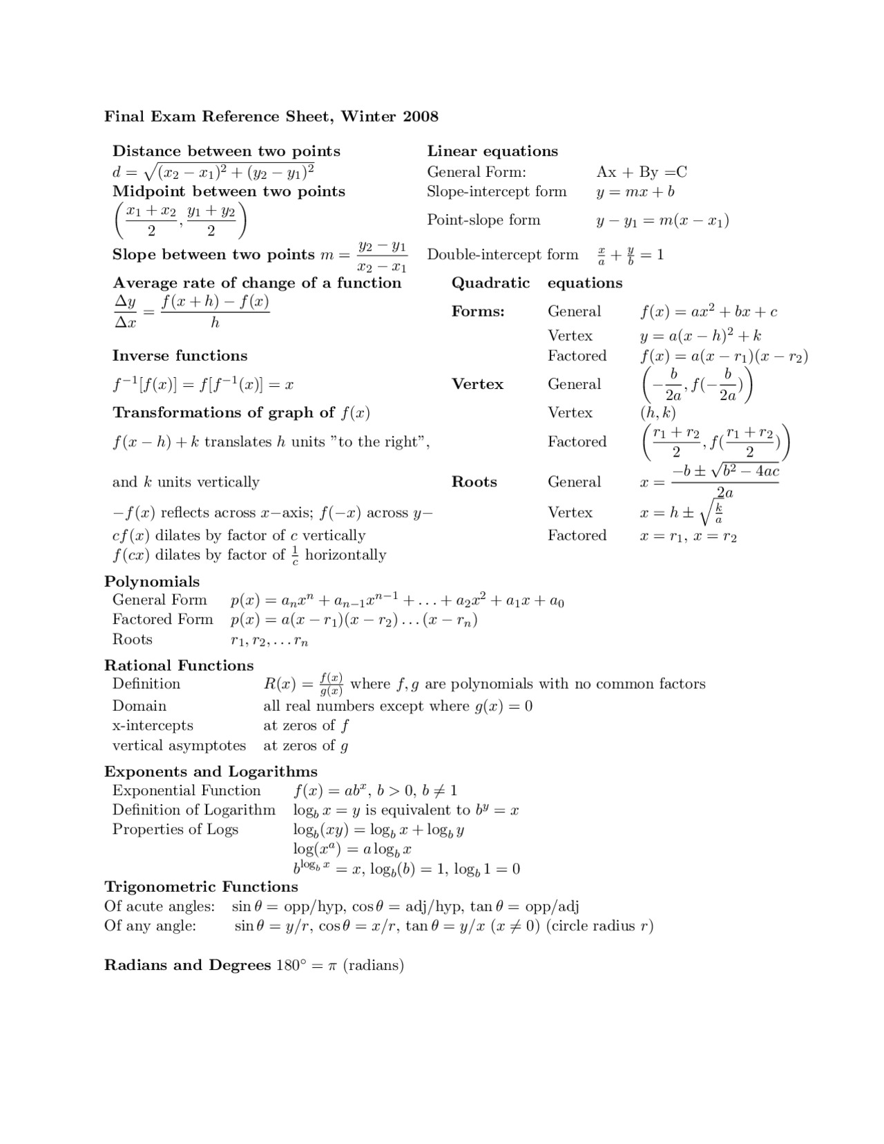 Final Exam Reference Sheet Precalculus For Science And Engineering