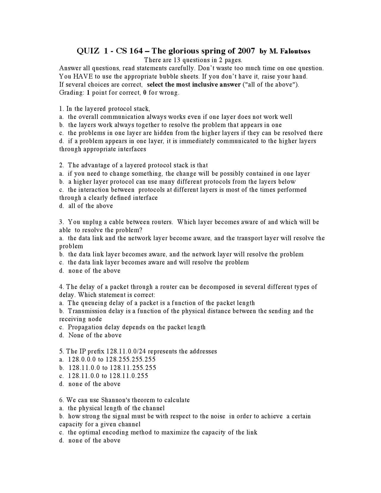 Layered Protocol Stack - Quiz #1 - Computer Networks | CS 164 - Docsity