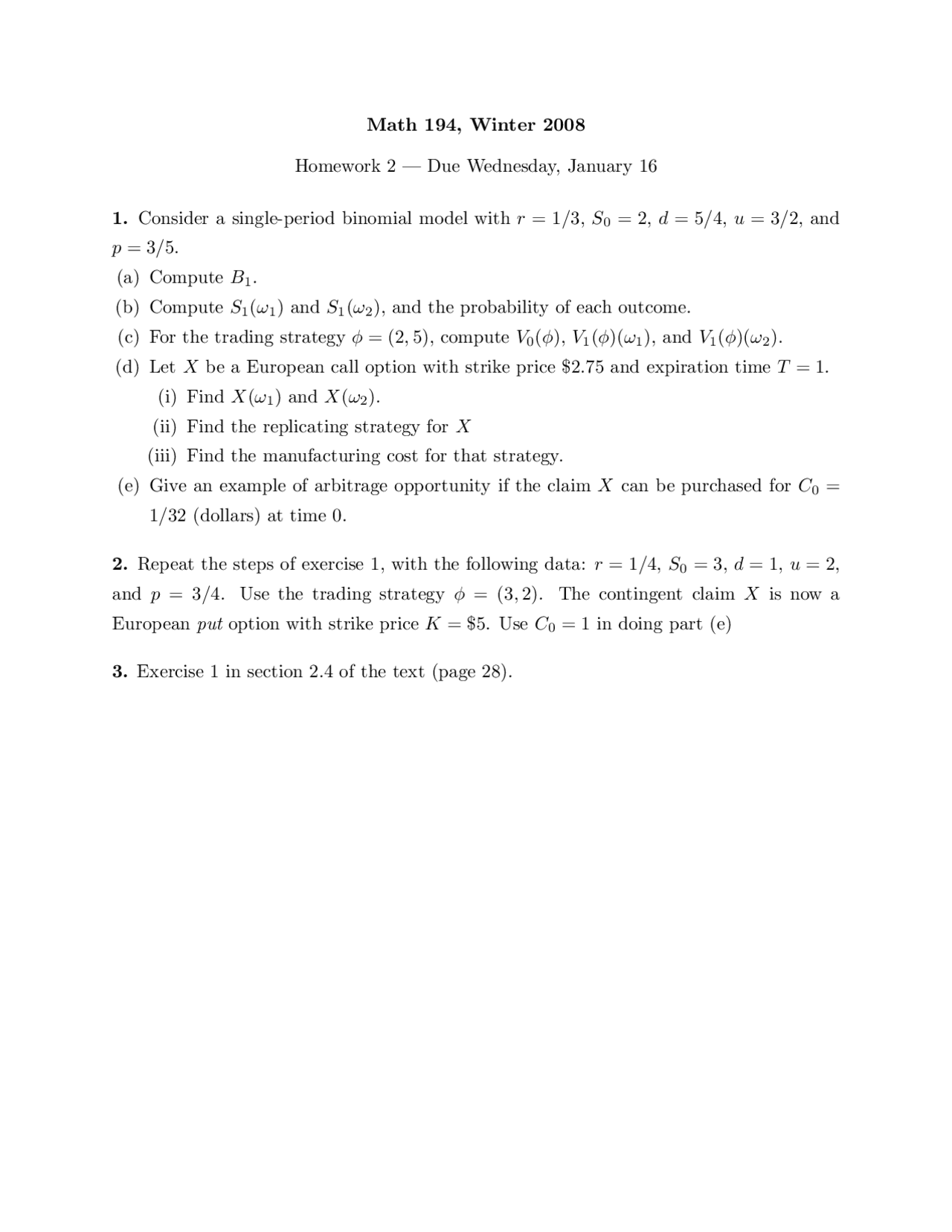 Homework 2 On The Mathematics Of Finance Math 194 Docsity