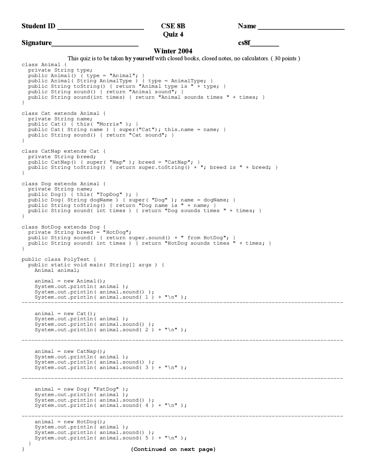 Solution To Quiz 4 Introduction To Computer Science Java B Cse 8b