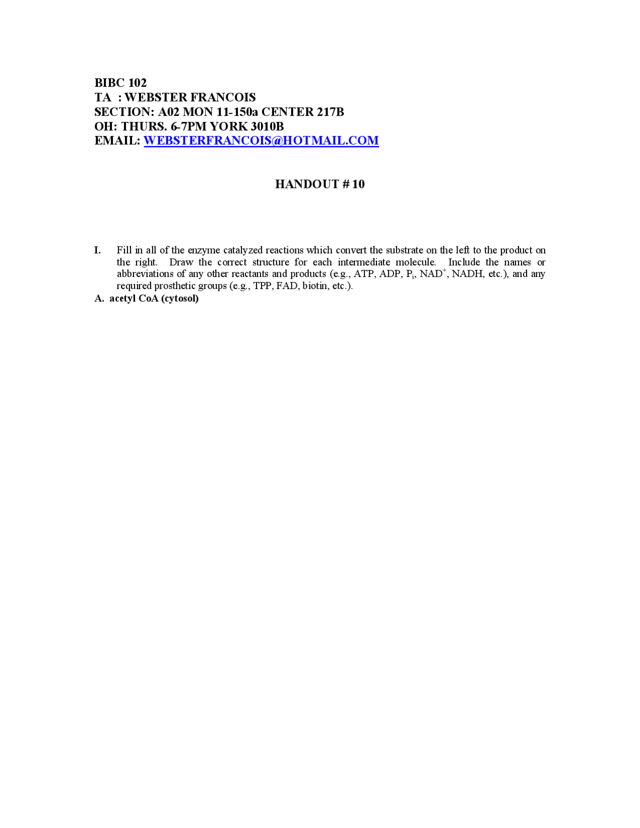 Lecture Handout On Metabolic Biochemistry Bibc 102 Docsity