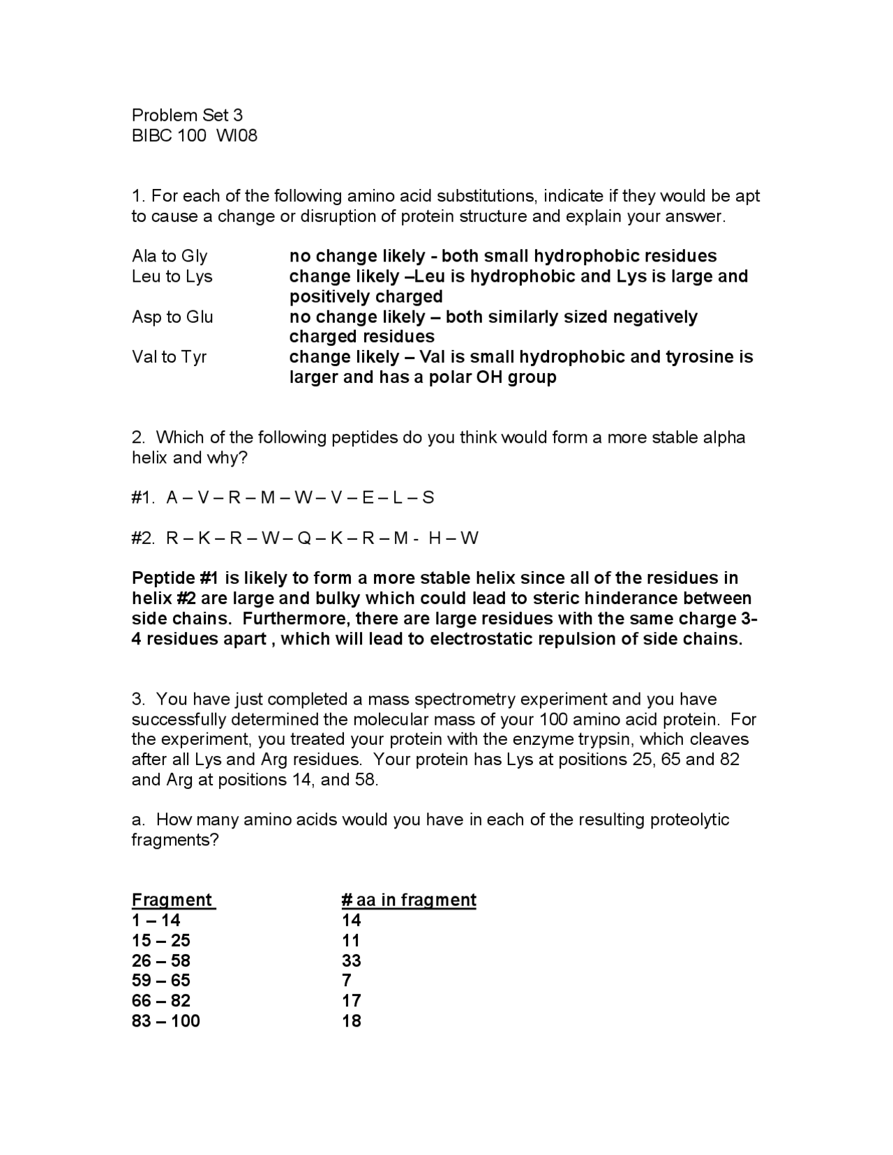 Problem Set 3 For Structural Biochemistry Bibc 100 Docsity