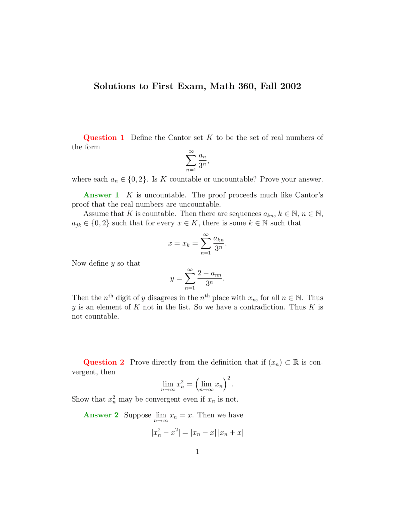 Solutions To Exam 1 For Advanced Calculus Math 360 Docsity