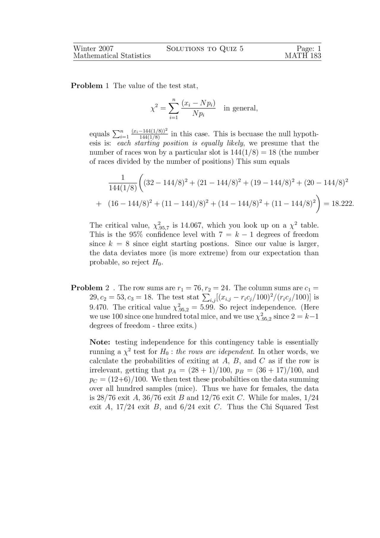 Solutions To Quiz 5 Statistical Methods Math 183 Quizzes Data Analysis And Statistical