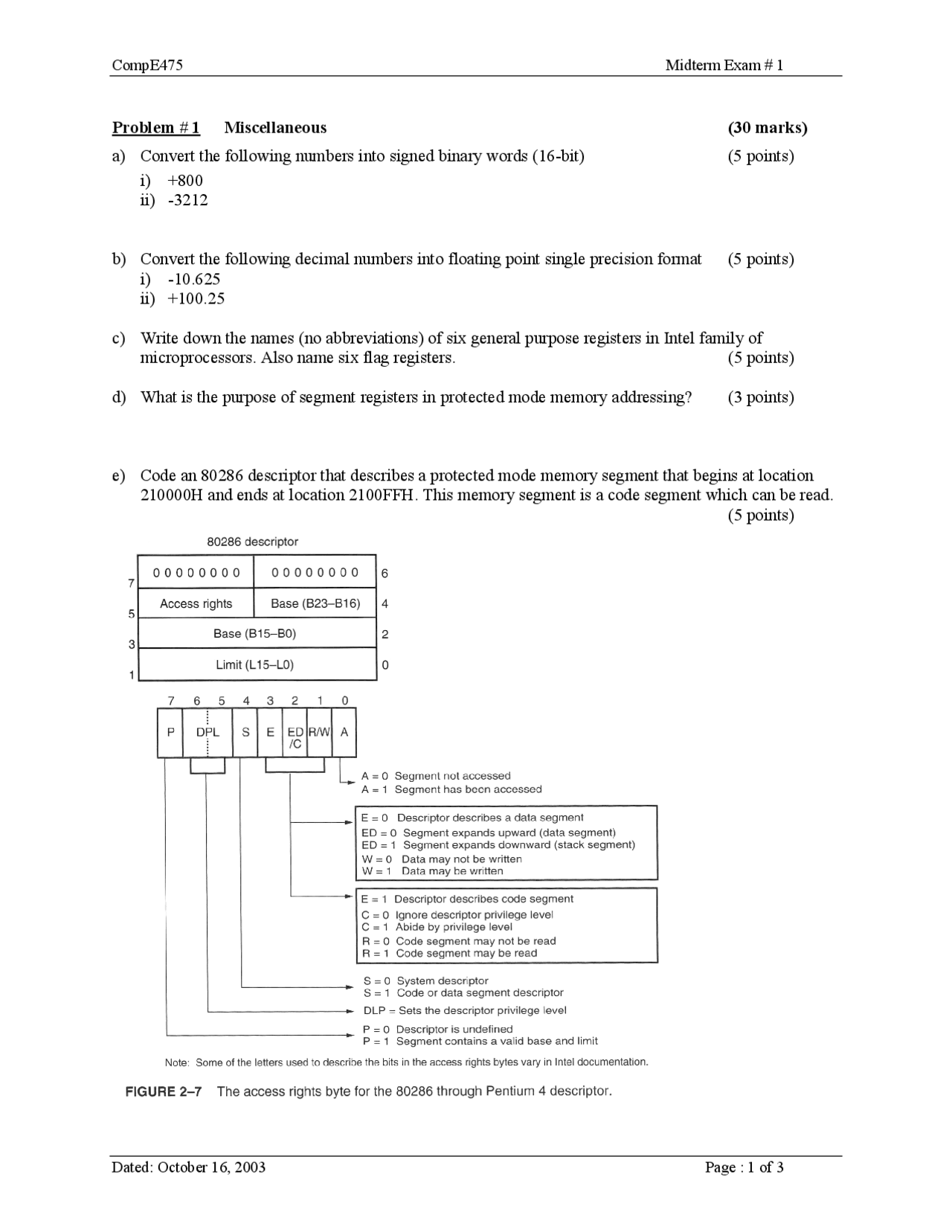 4 Problems On Microprocessors Exam 1 Compe 475 Docsity