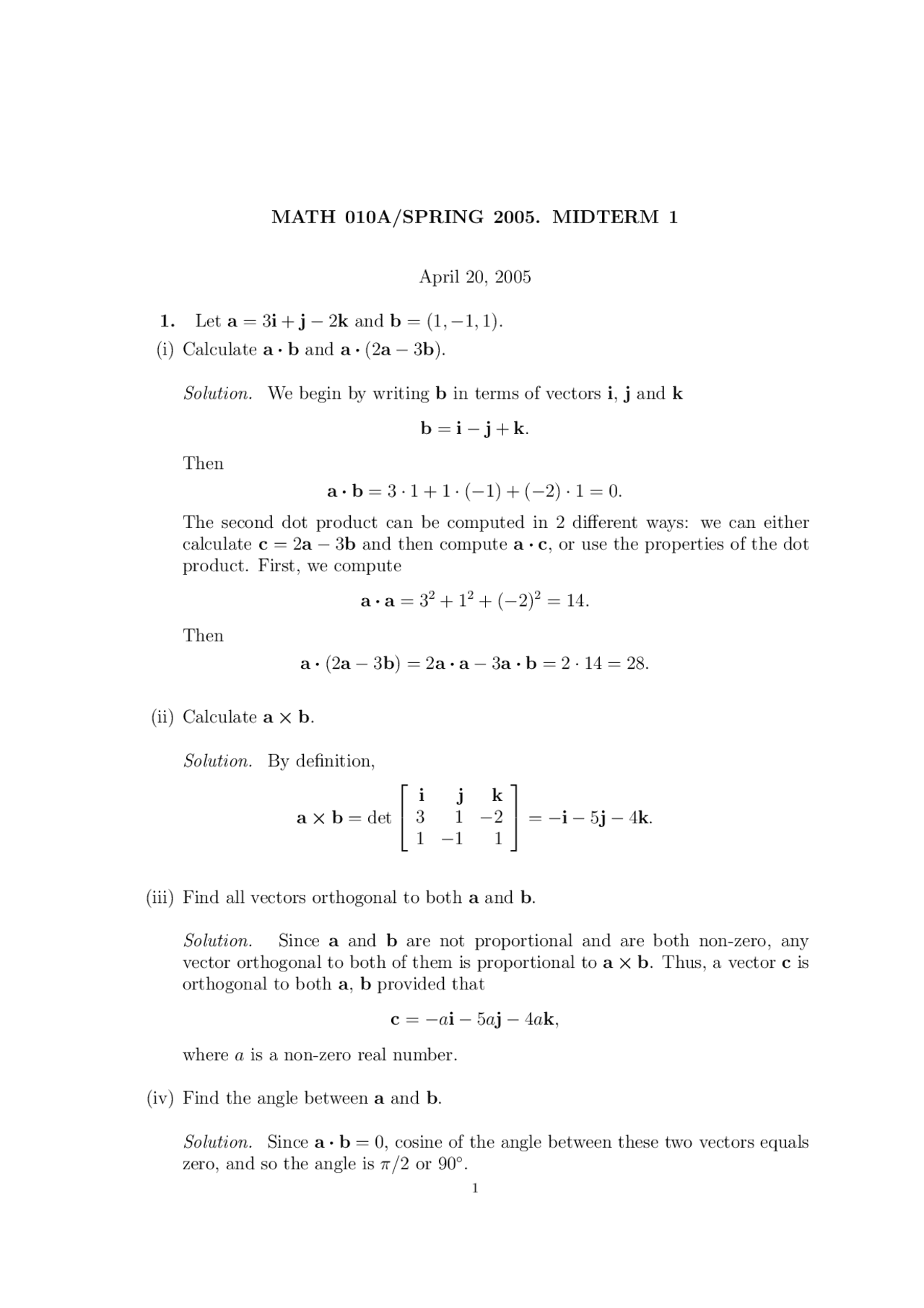 Past Midterm Exam 1 With Resolutions Calculus Of Several Variables