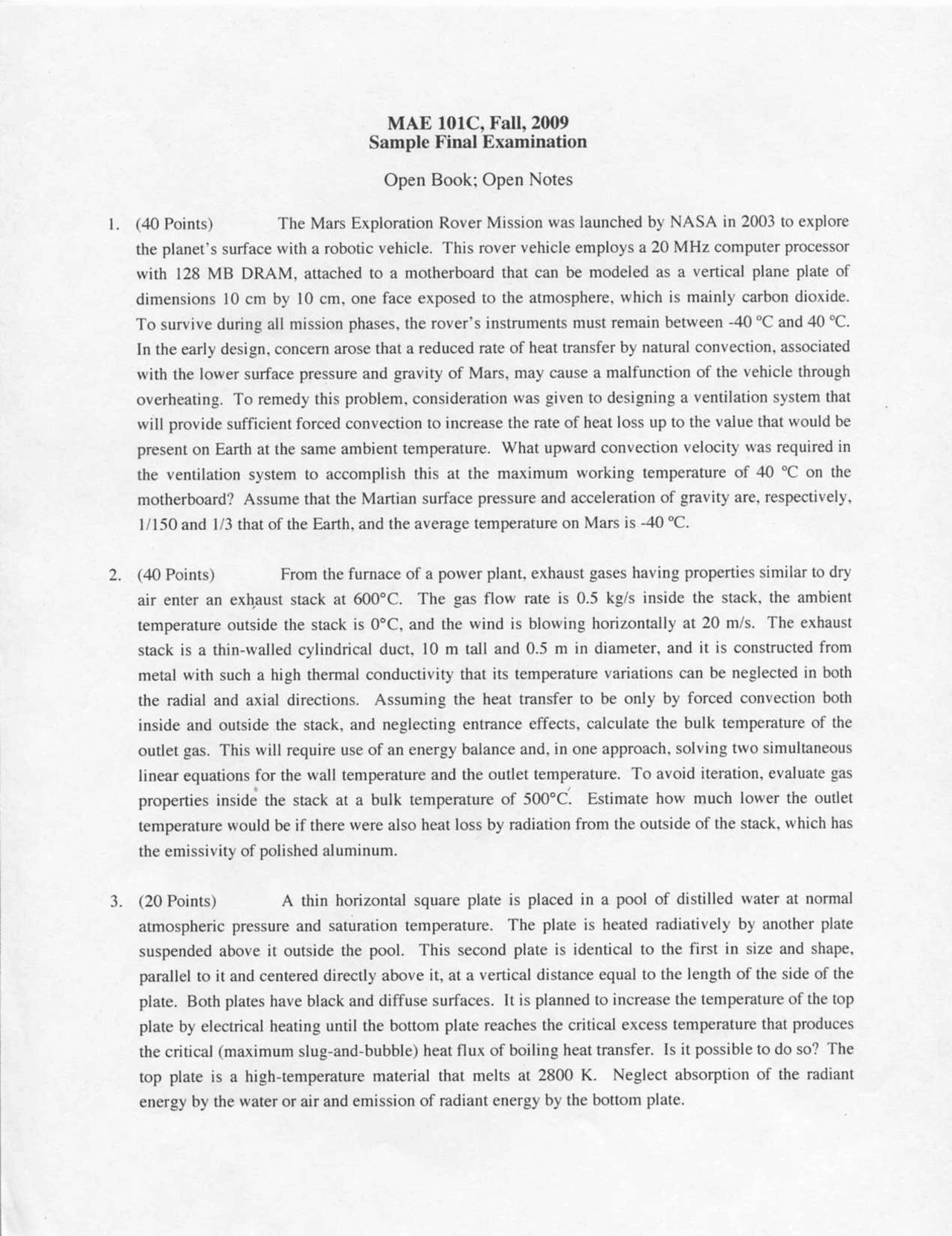 3 Questions With Answers On Heat Transfer Final Exam Mae 101c Docsity