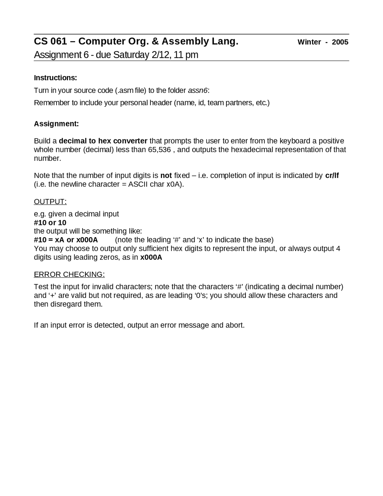 Decimal To Hex Converter Assignment 6 Cs 061 Docsity 