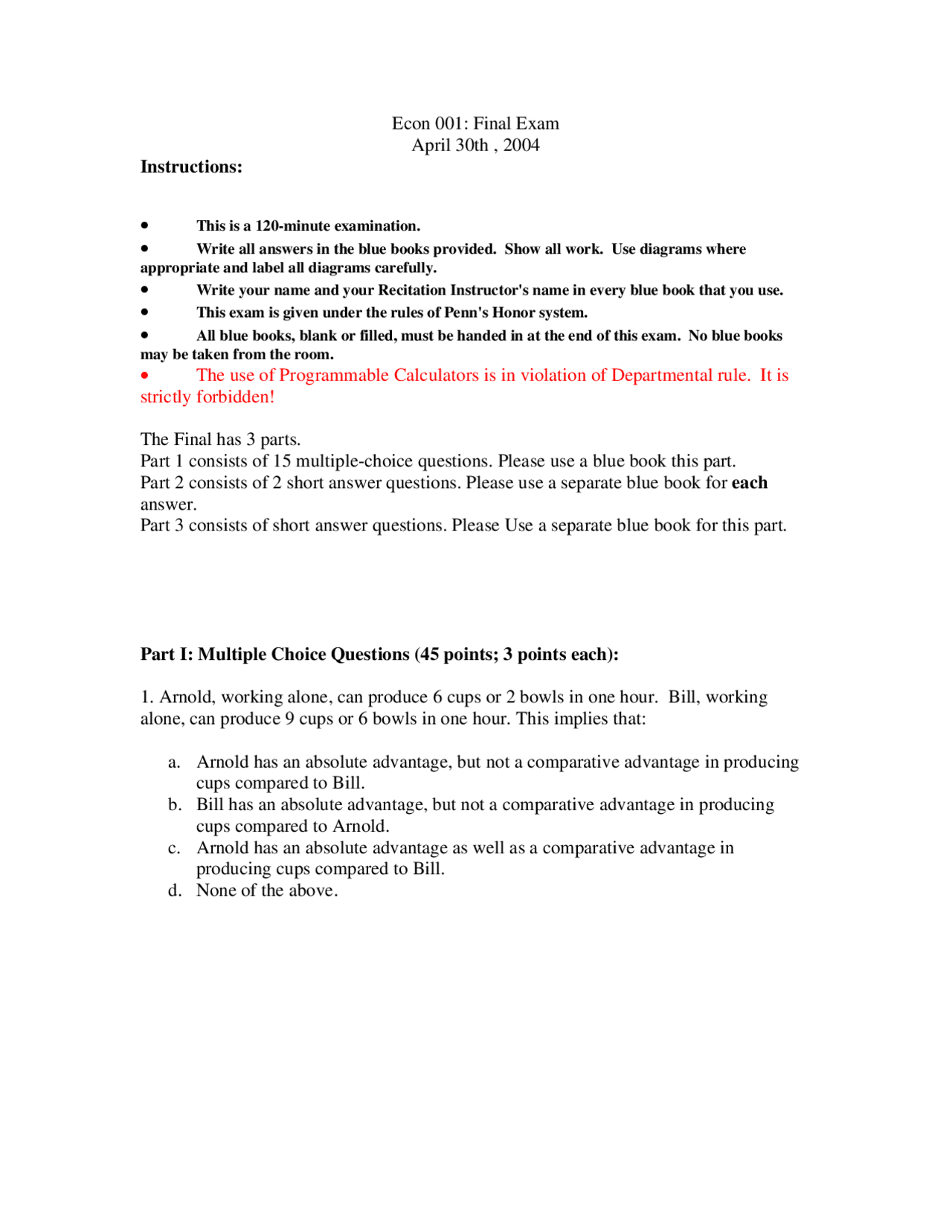 20 Questions On Introduction To Microeconomics Final Exam Econ 001