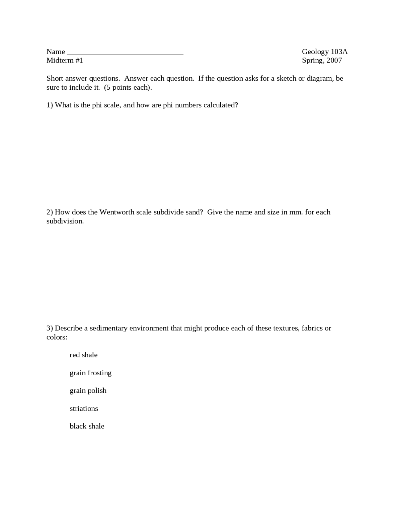 17 Problems For Midterm Exam 1 Sedimentologystratigraphy Geol 103a