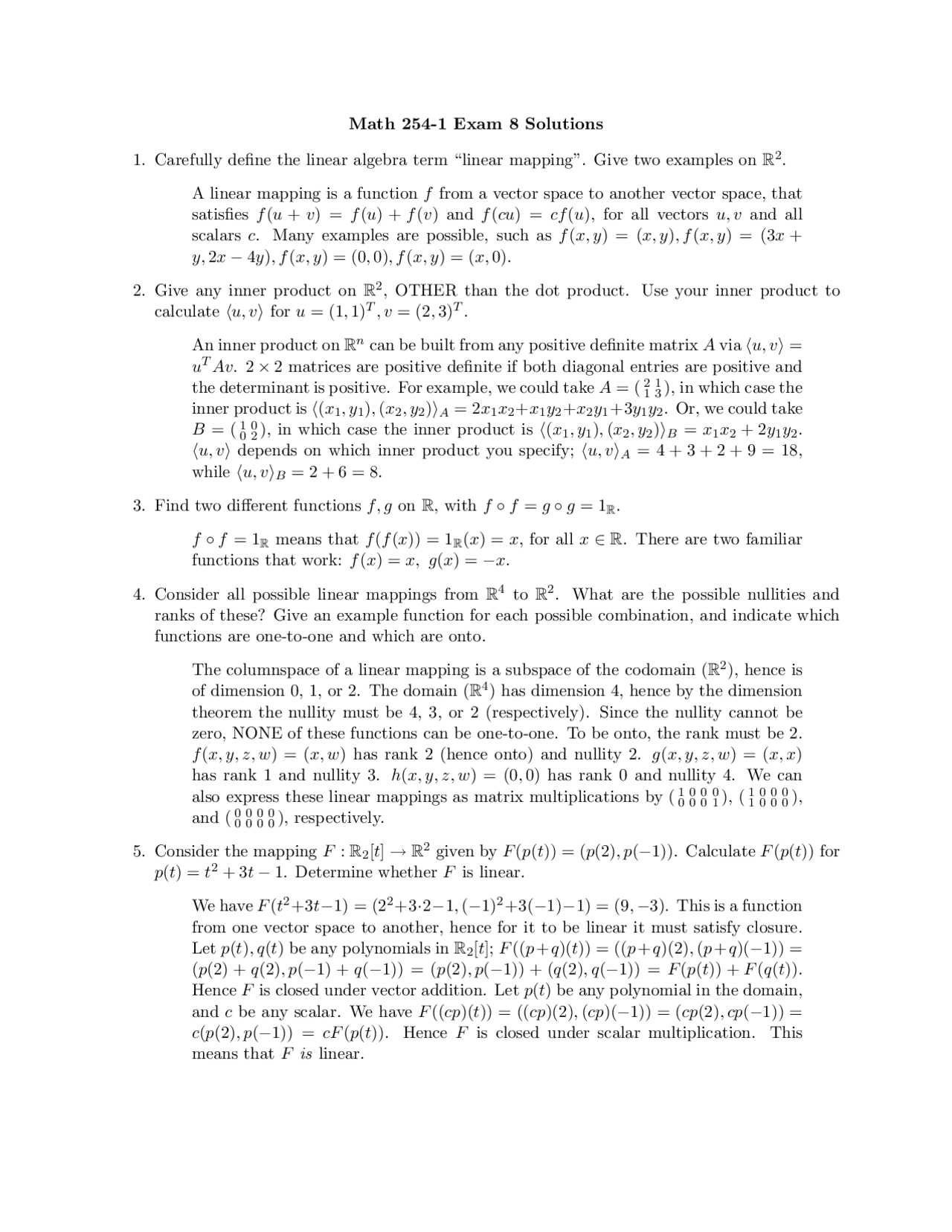 Exam 8 With Solutions Linear Algebra Math 254 Docsity