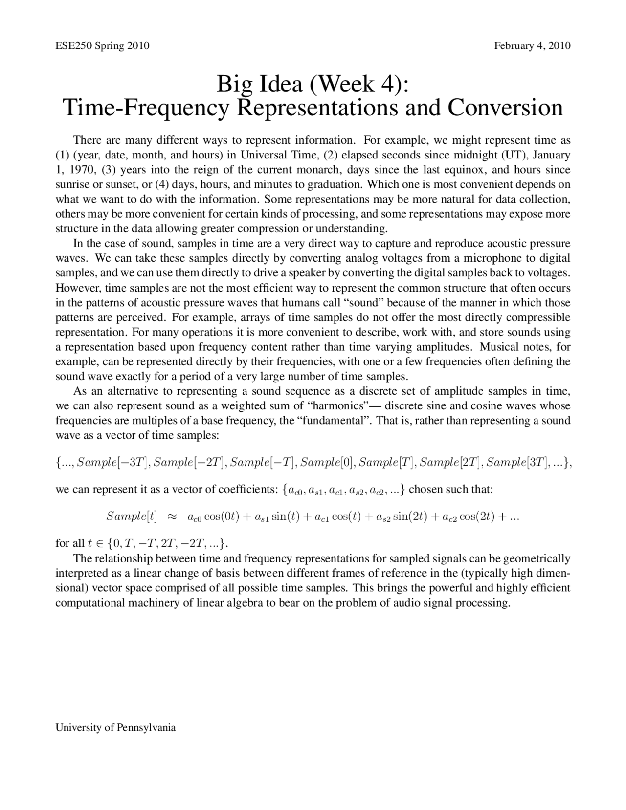 Time Frequency Representations And Conversion Class Notes Ese 250