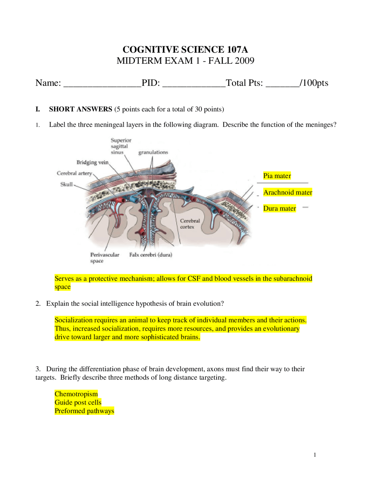 Midterm Exam 1 With Answers Neuroanatomy And Physiology Cogs 107a