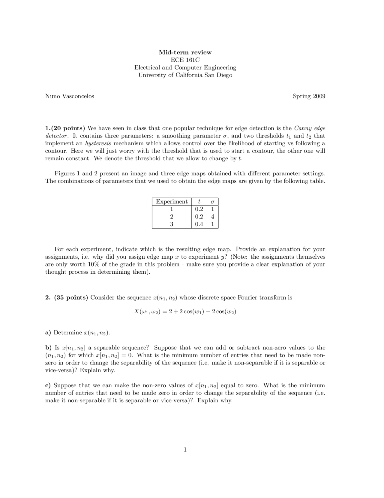 Midterm Exam Review Sheet Digital Signal Process Ece 161c Docsity