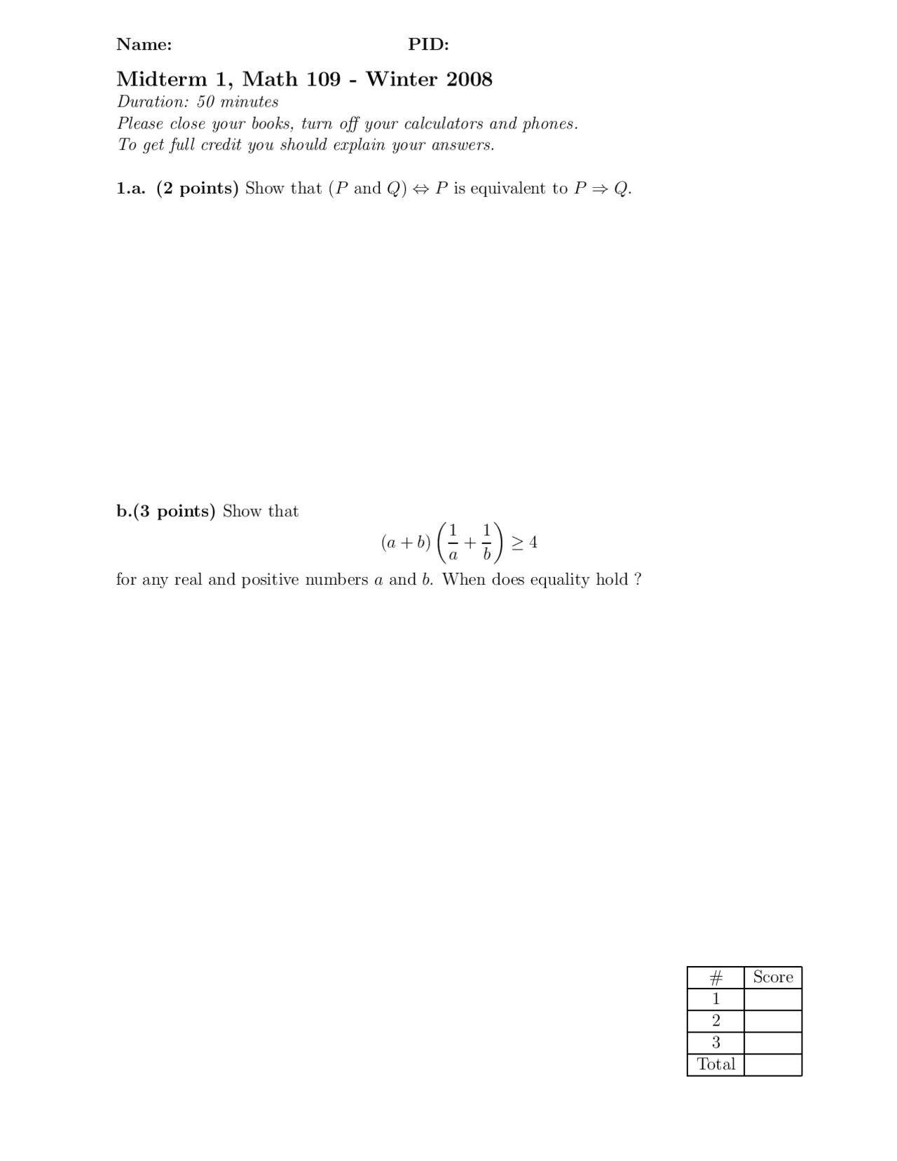 Mathematical Reasoning Midterm Exam Math 109 Docsity