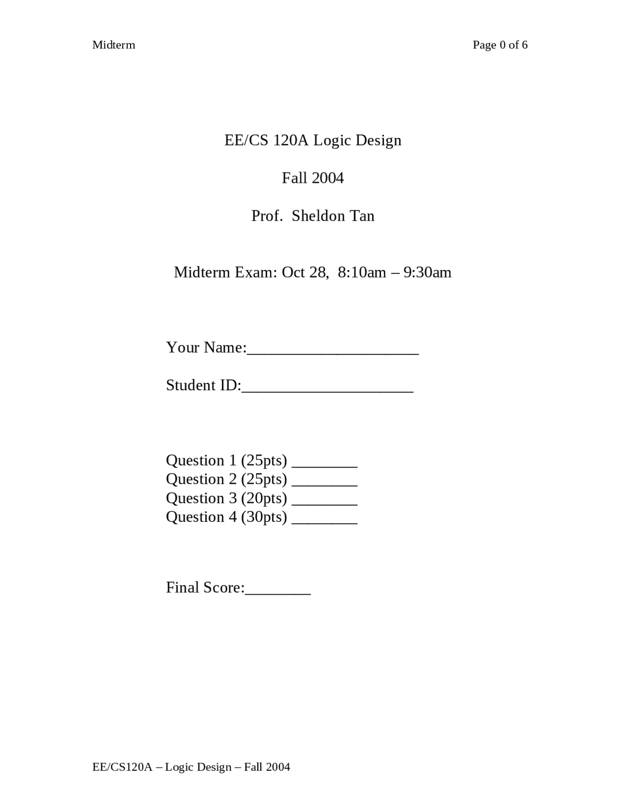 Practice Problems For Midterm Exam Logic Design Cs 120a Docsity 2119
