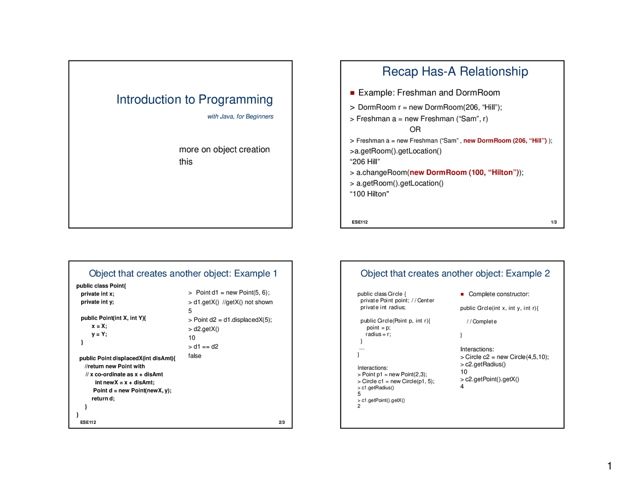 Introduction to Programming, Object Creation - Lecture Slides | CIS 110 - Docsity
