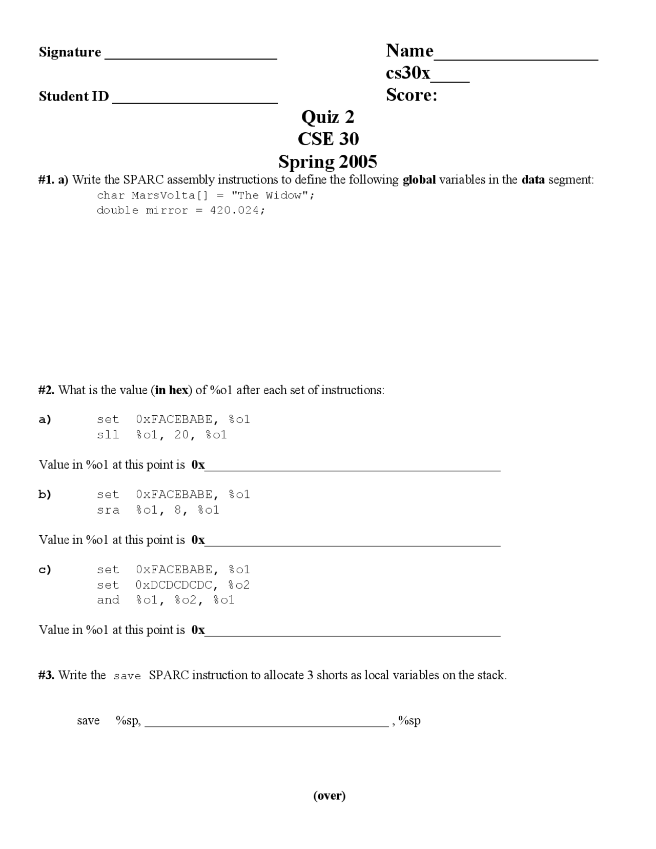 Computer Organization Systems Program Practice Quiz 2 Cse 30 Docsity
