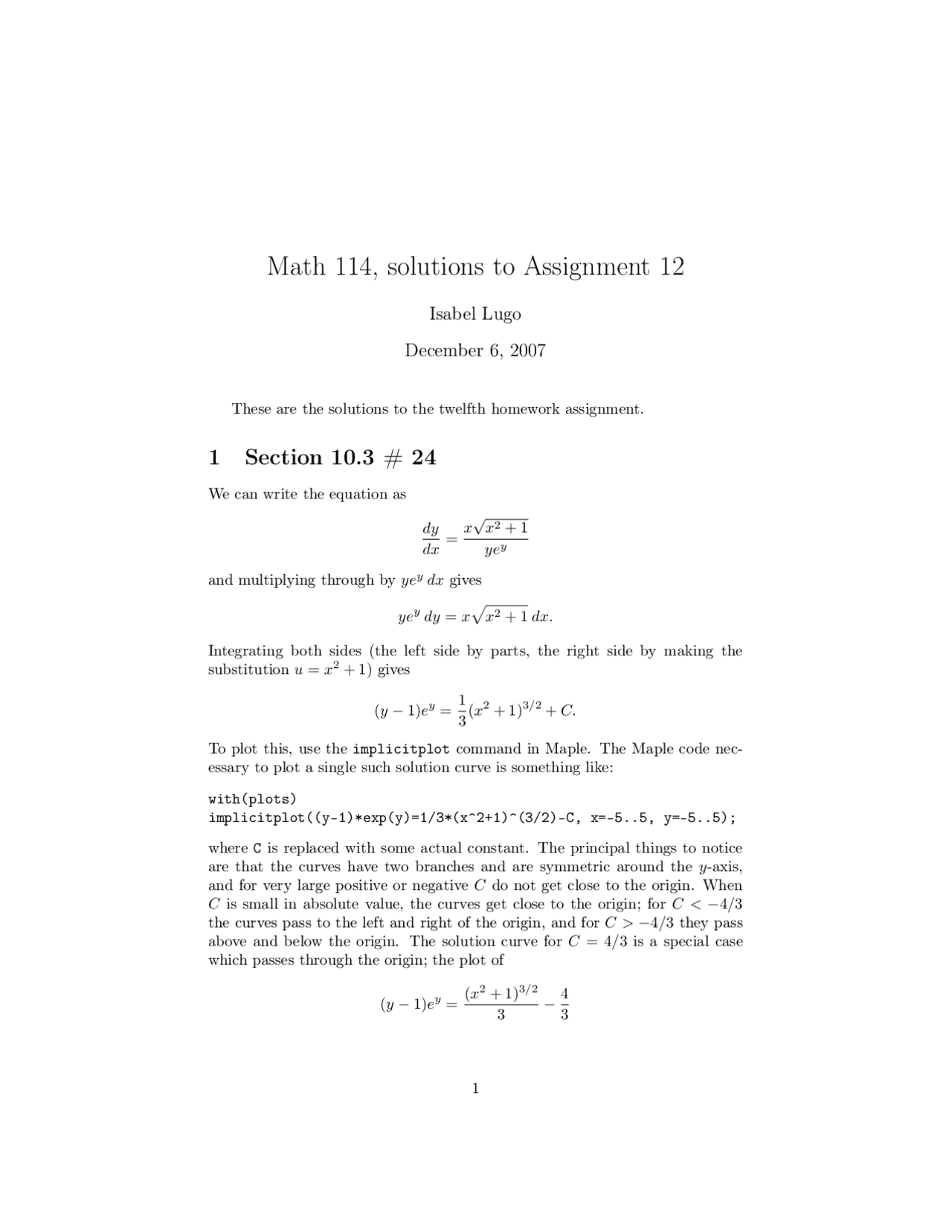 Solutions to Assignment 12 on Calculus II | MATH 114 - Docsity