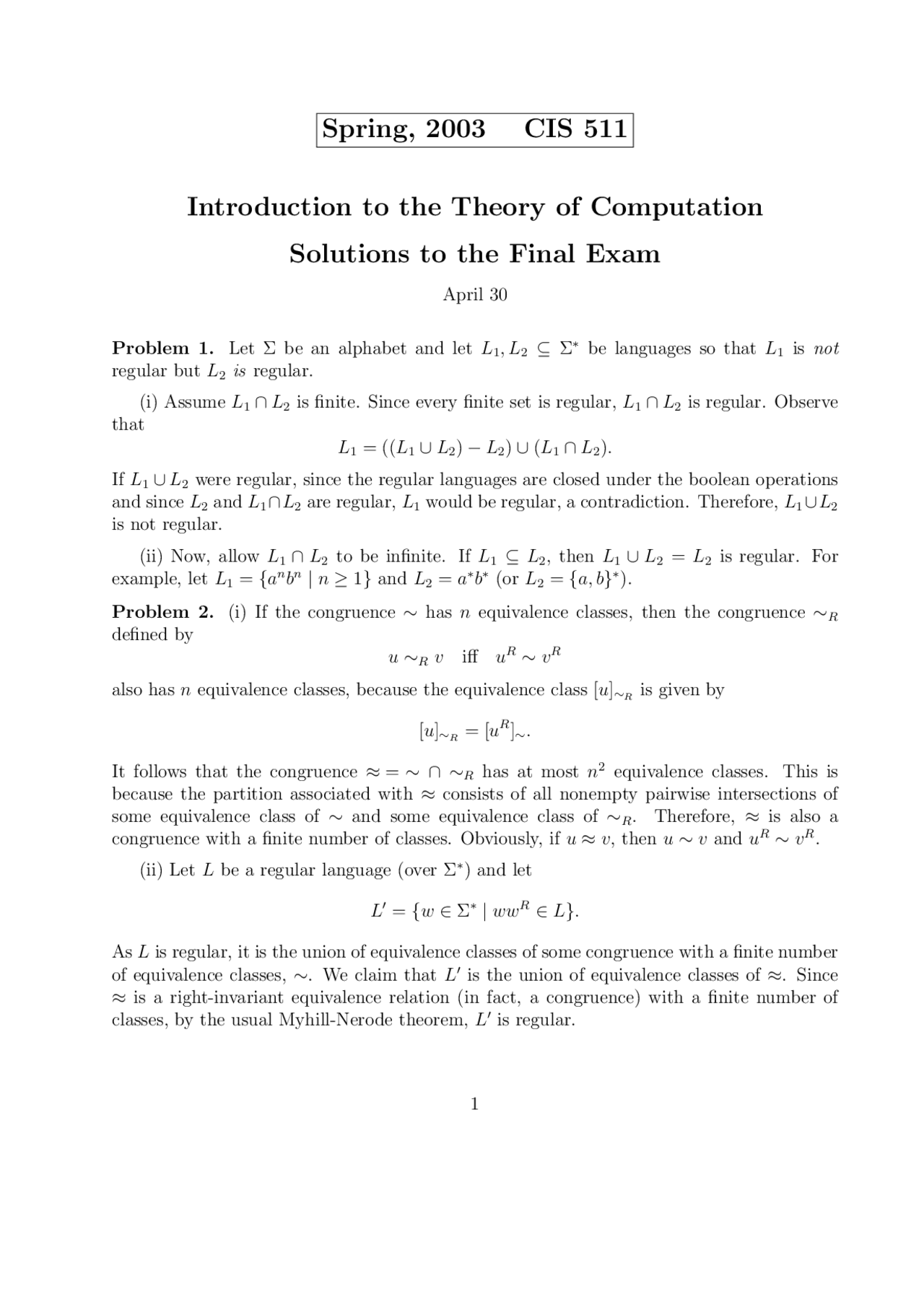 Solutions To Final Exam For Theory Of Computation Cis 511 Docsity