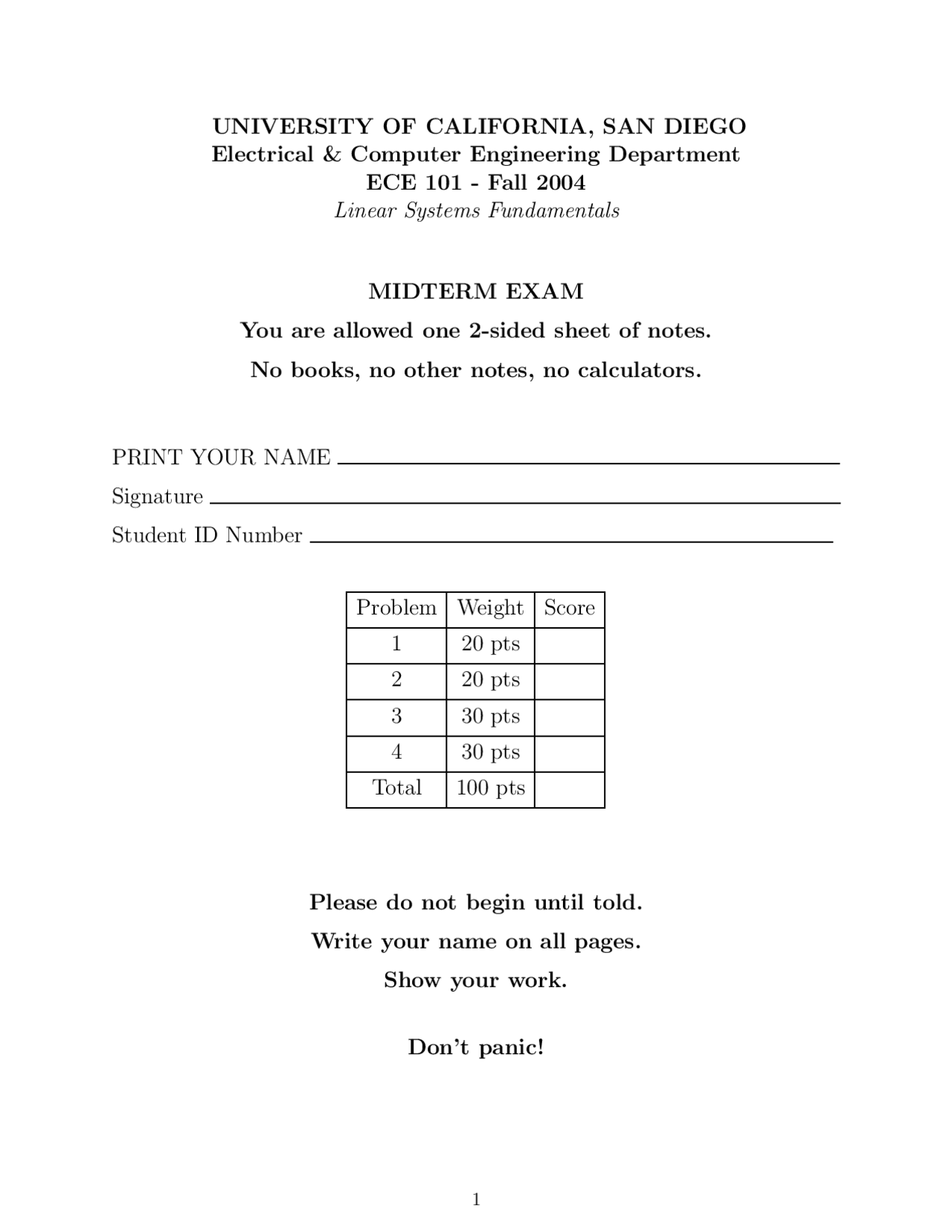 Midterm Exam Questions Linear Systems Fundamentals Ece 101 Docsity