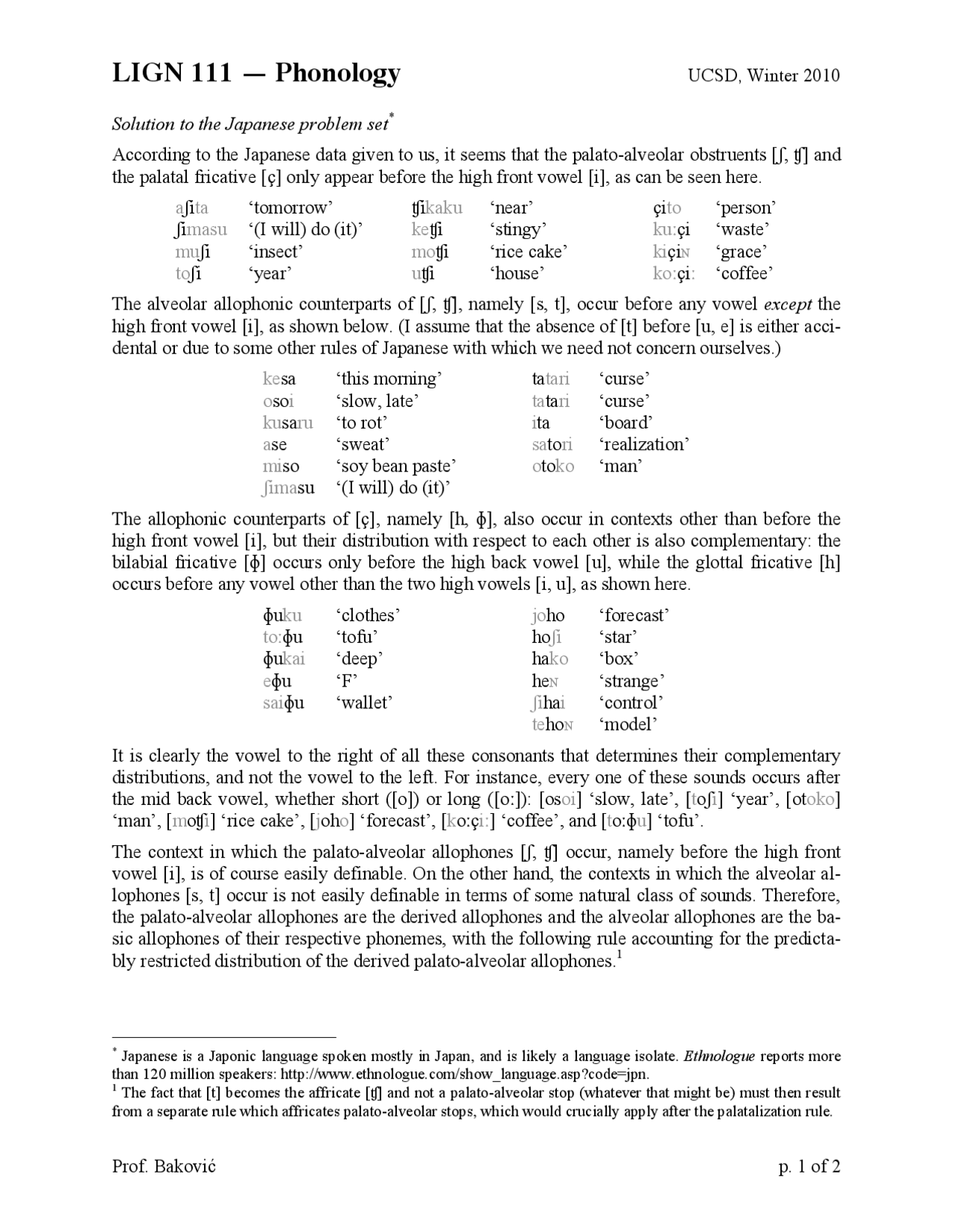 Assignment For Solution To Japanese Problem Set Phonology I Lign