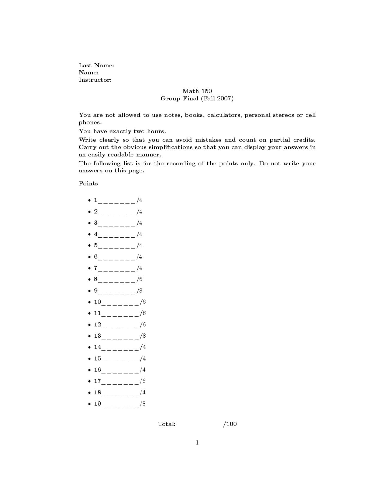 19 Unsolved Questions Final Exam Calculus I Math 150 Docsity
