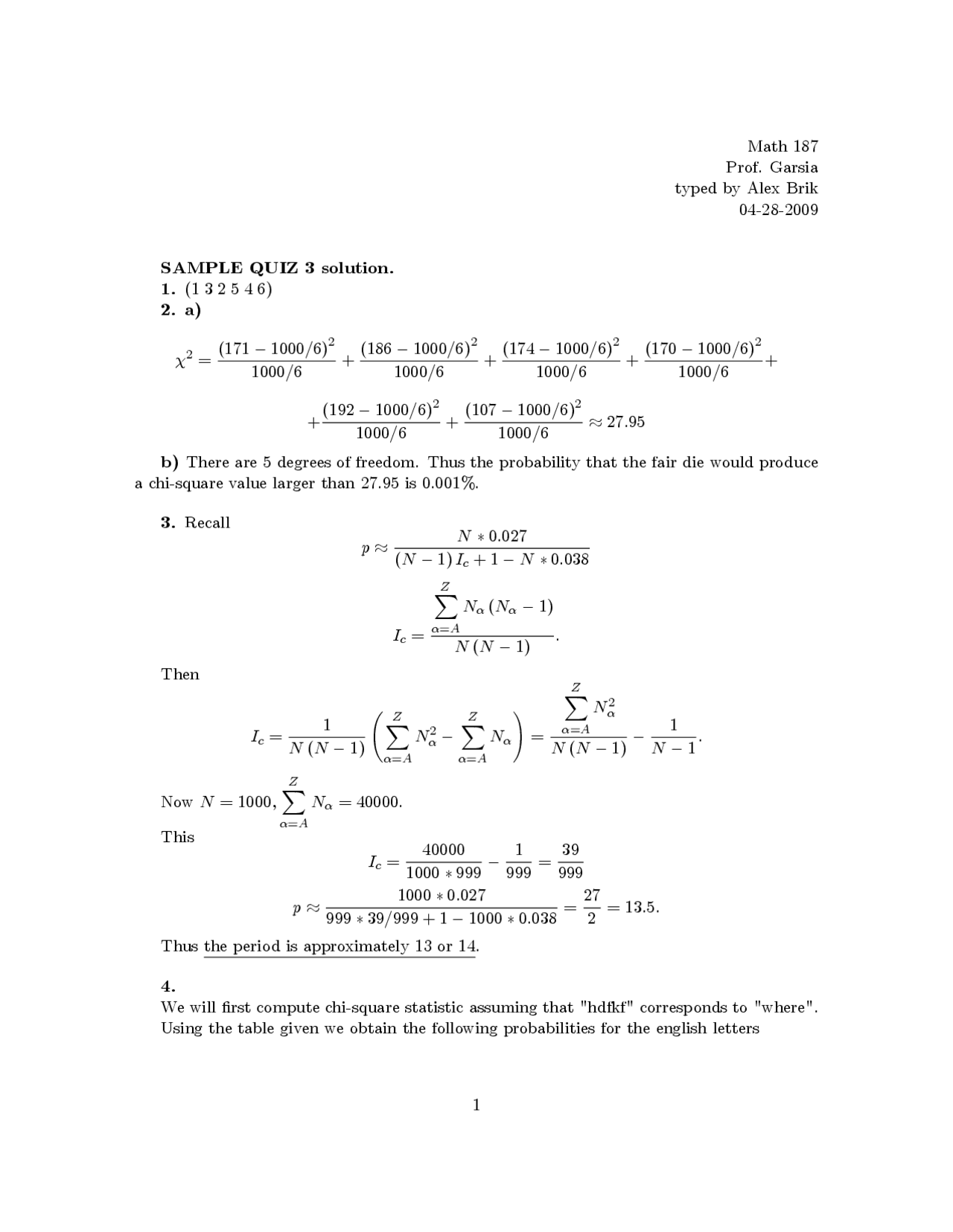 Sample Quiz 3 Solution Introduction To Cryptography Math 187 Docsity