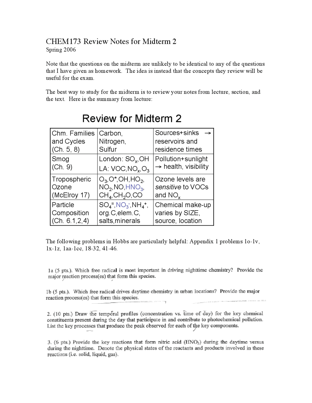 Review Notes For Midterm Atmospheric Chemistry Chem 173 Docsity