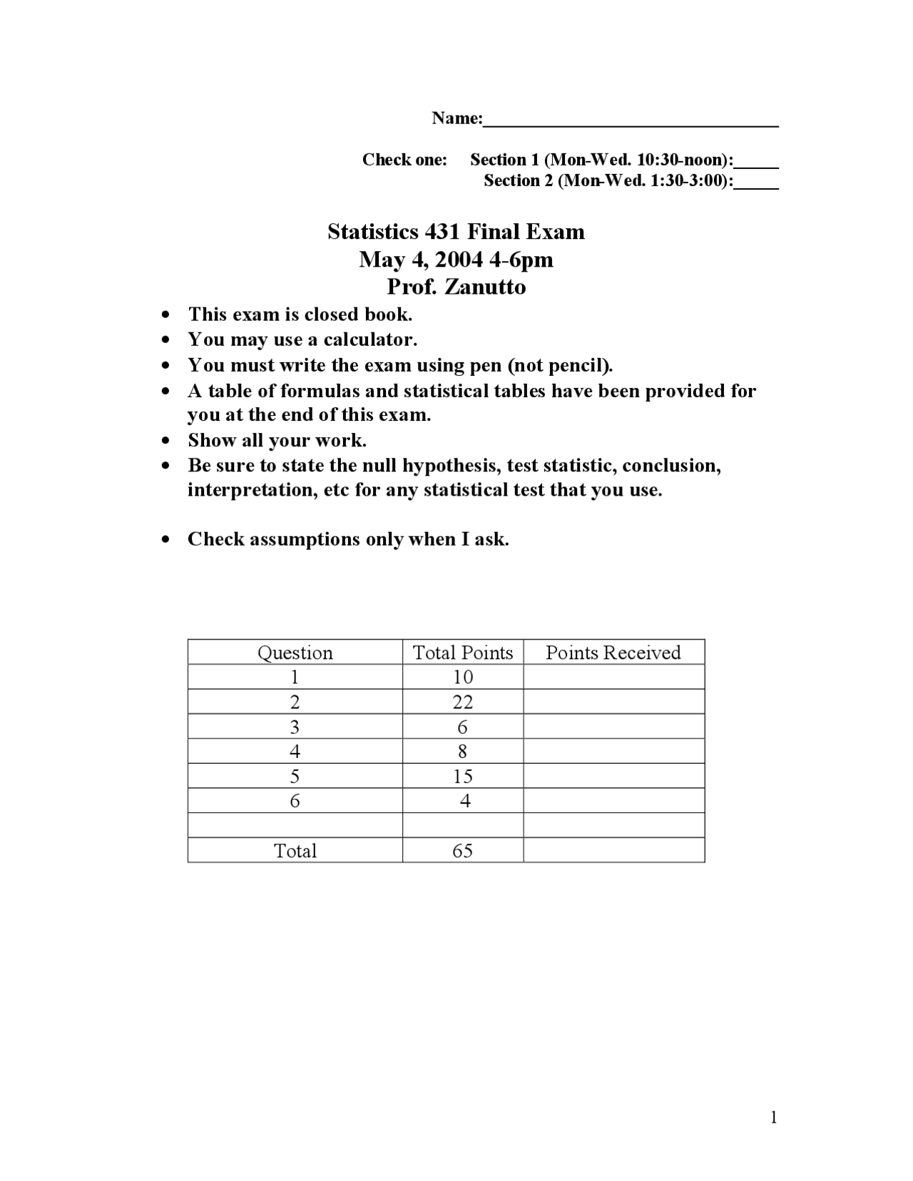Take Home Final Examination Statistical Inference Stat 431 Docsity