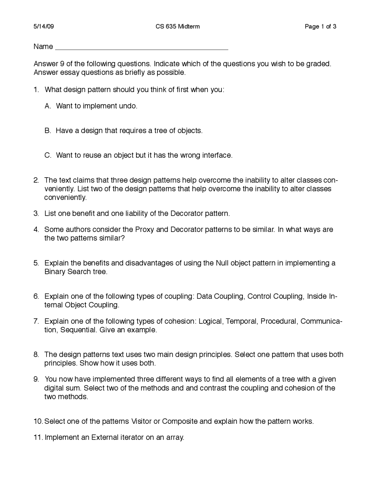 Practice Midterm Exam Advanced Object Oriented Design Program Cs