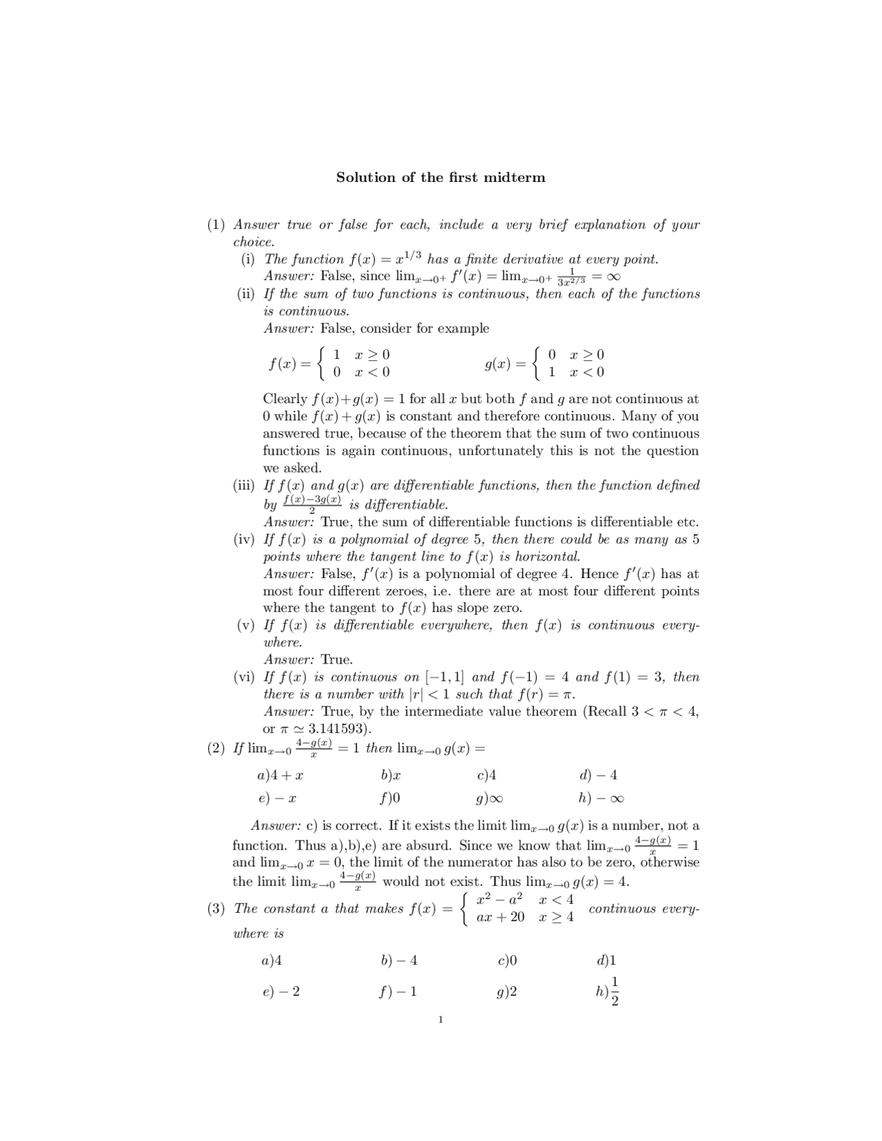 Solutions of the First Midterm Exam - Introduction to Calculus | MATH 103 | Exams Mathematics ...