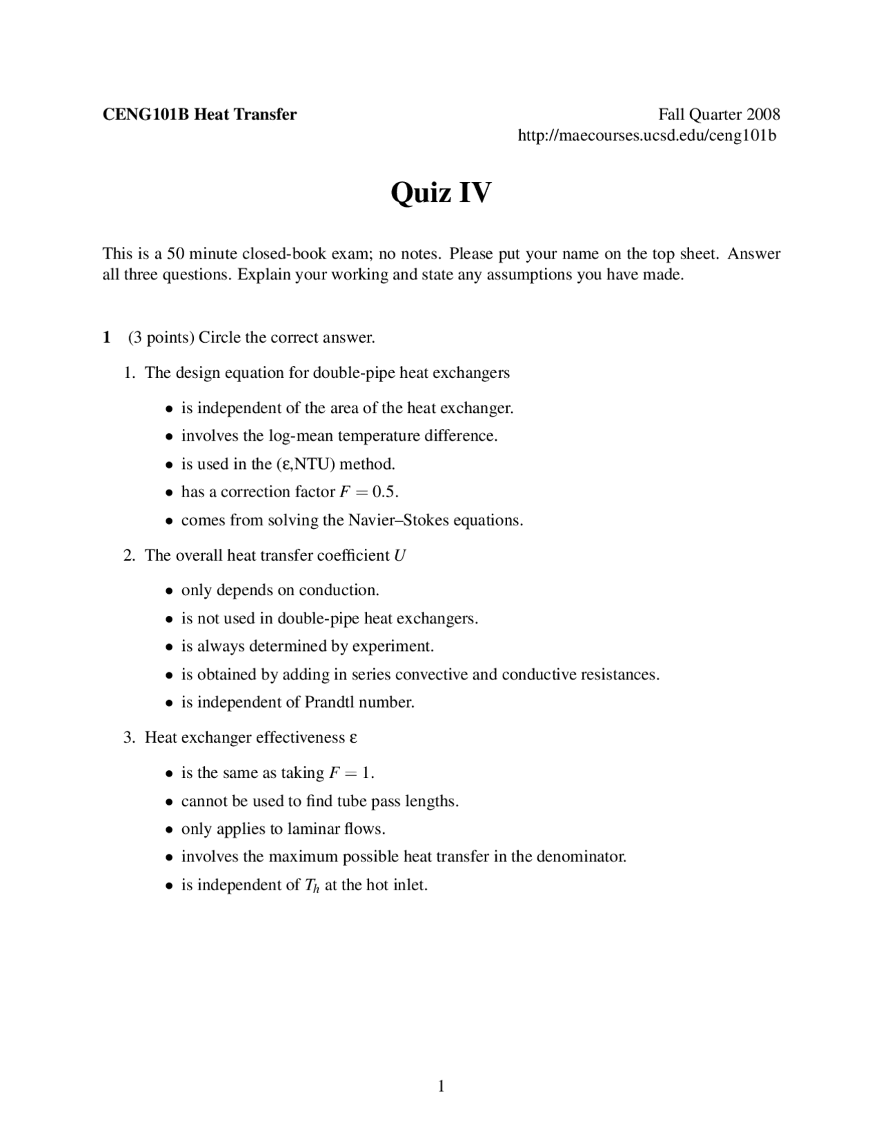 Quiz Iv Questions On Heat Transfer Ceng 101b Docsity