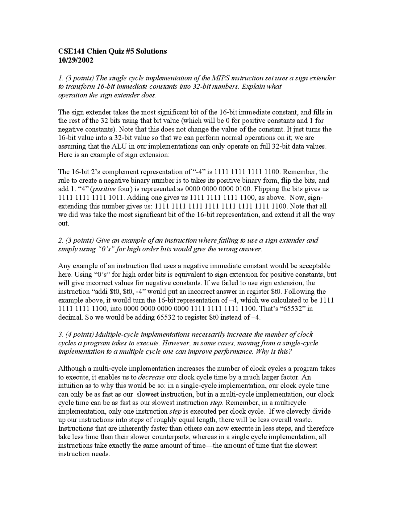 Quiz 5 With Solutions Introduction To Computer Architecture Cse 141 Docsity