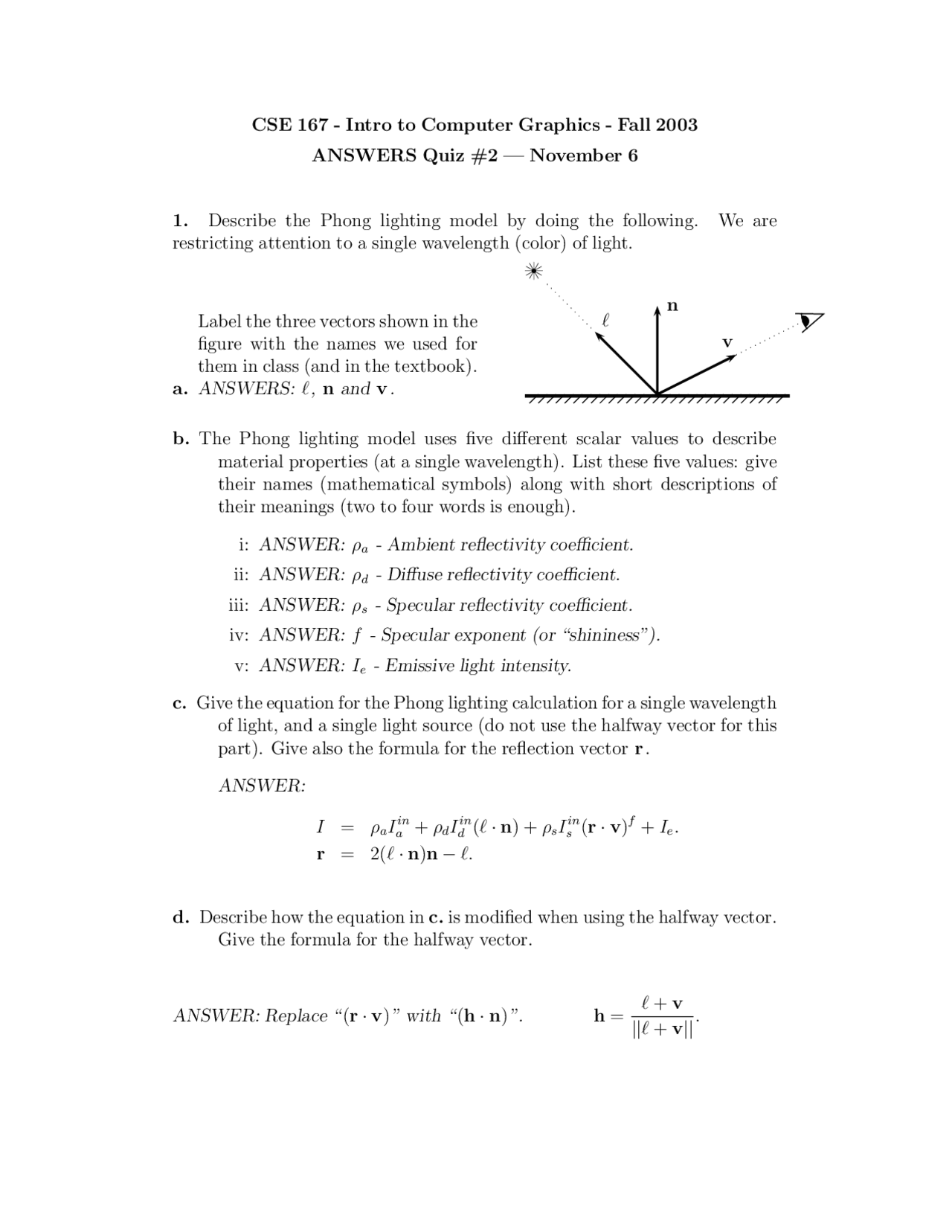 Quiz 2 Solutions For Computer Graphics Cse 167 Docsity