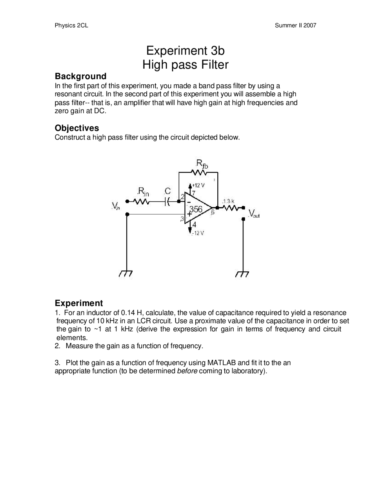 High Pass Filter - Laboratory Review 3 | PHYS 2CL - Docsity