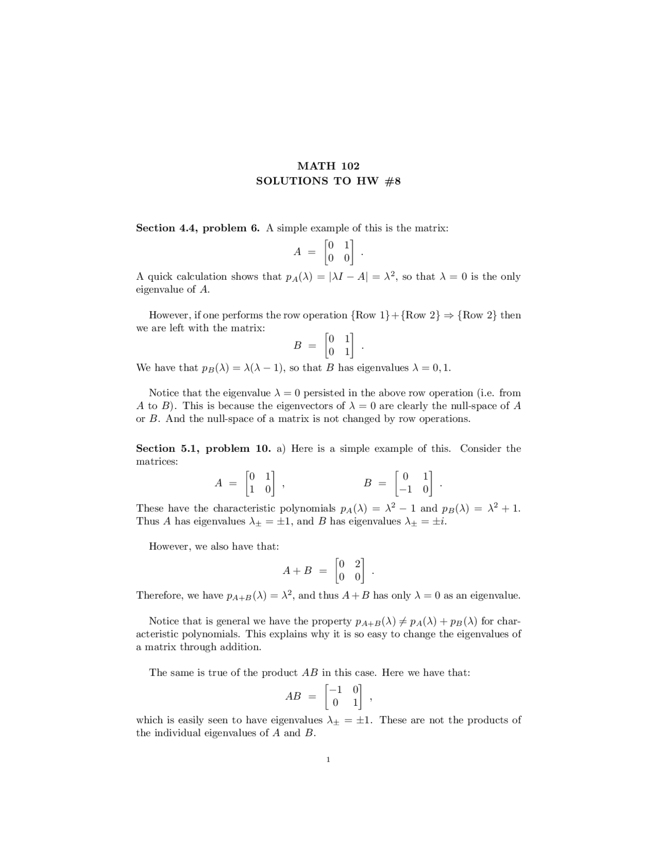 Solutions To Homework 8 Applied Linear Algebra Math 102 Docsity