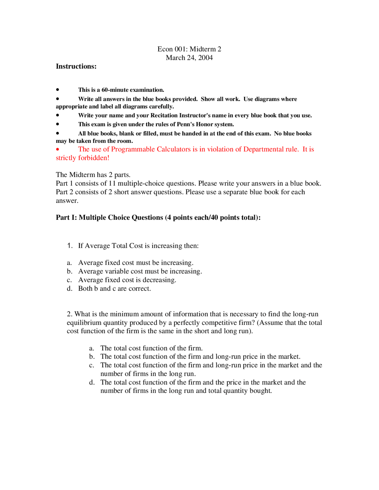 Past Midterm Exam 2 With Solution Introduction To Microeconomics