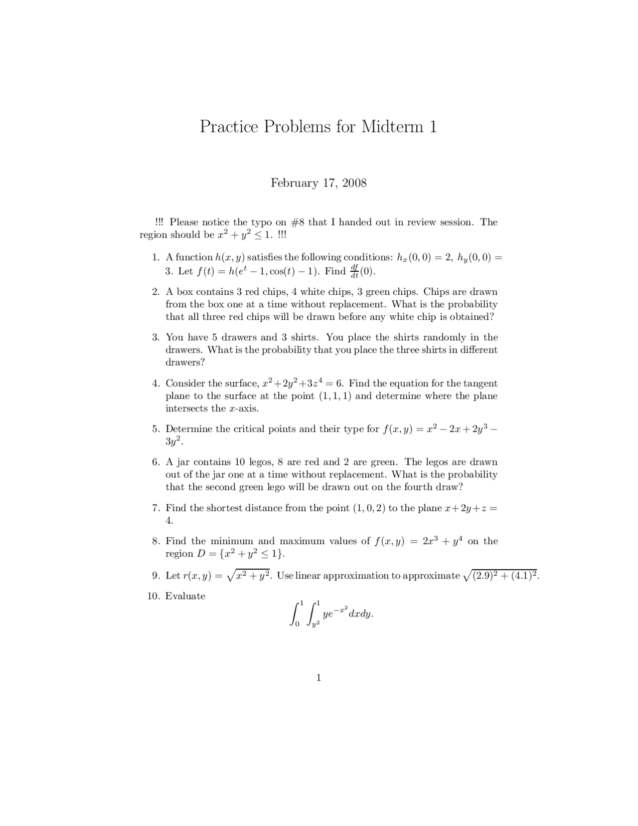 Problems for Midterm Exam 1 - Calculus II Probability and Matrices | MATH 115 - Docsity