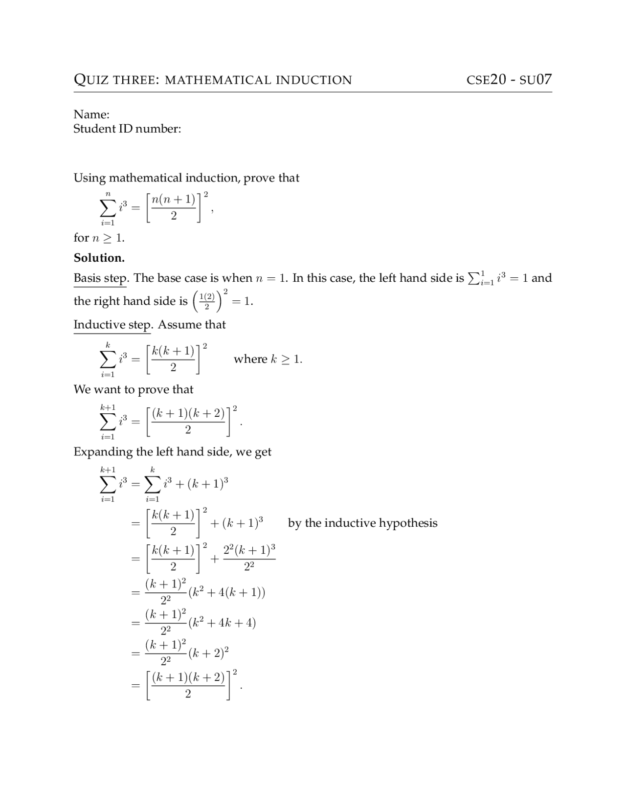 Quiz 3 Questions With Solution On Mathematical Induction Cse 20 Docsity