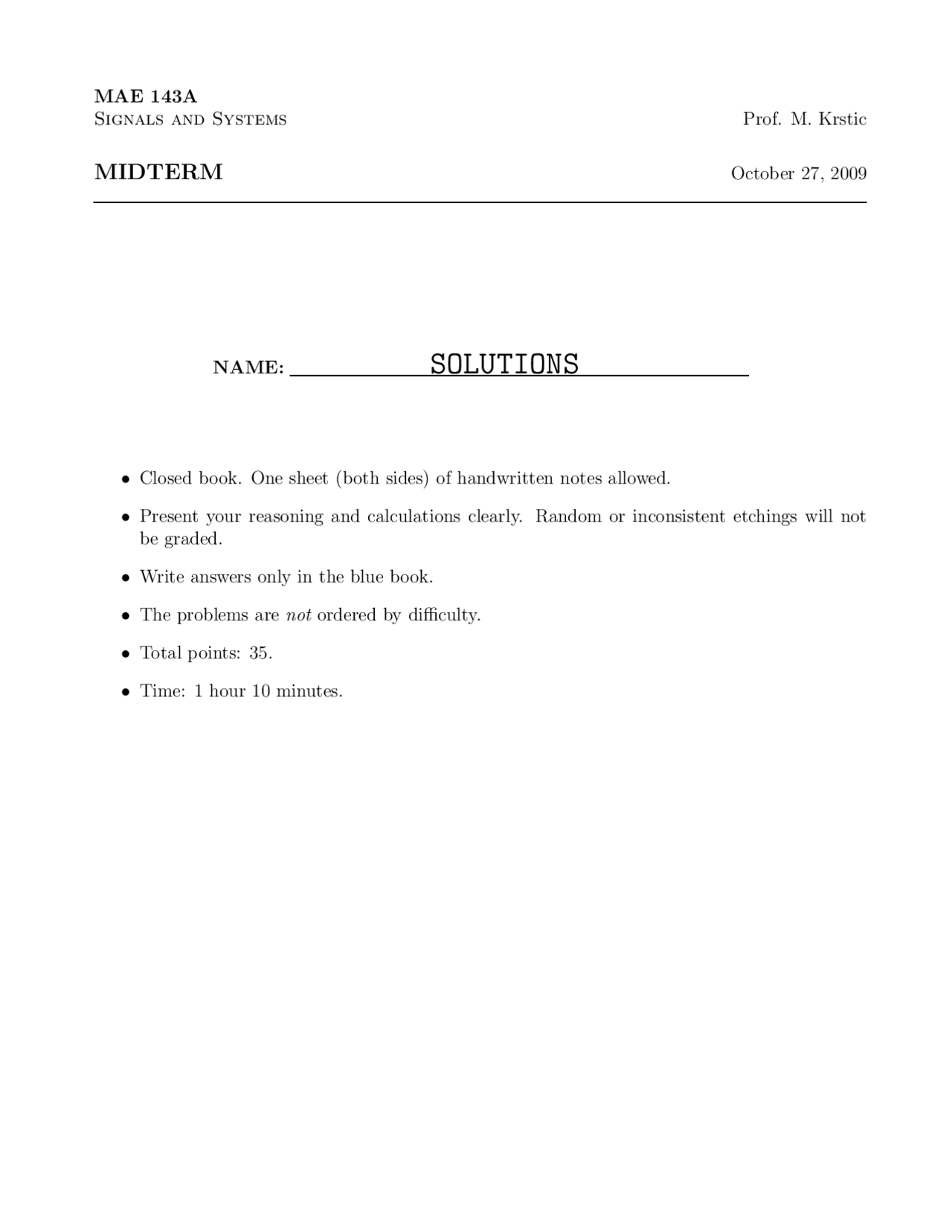 Midterm Exam with Solutions - Signals and Systems | MAE 143A | Exámenes ...