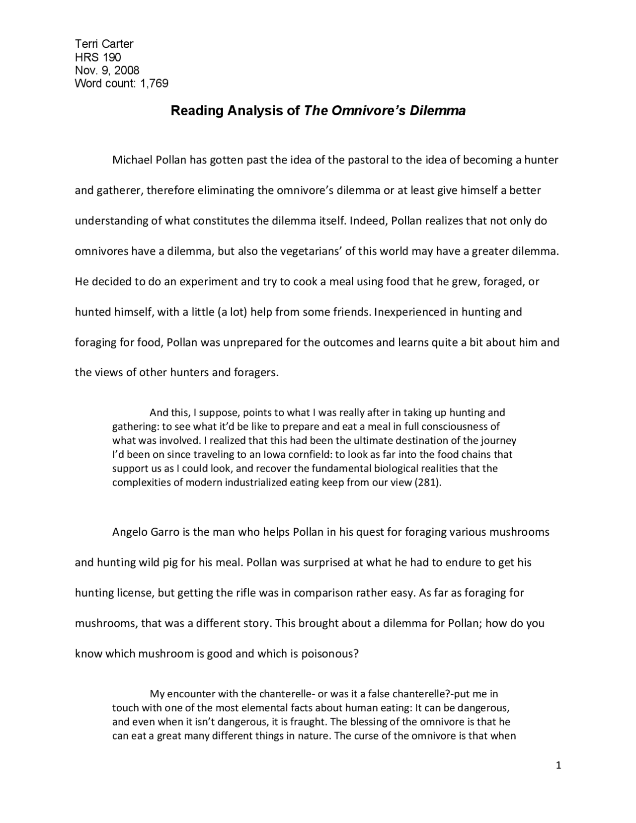Reading Analysis of The Omnivore's Dilemma - Study Guide | HRS 190 ...