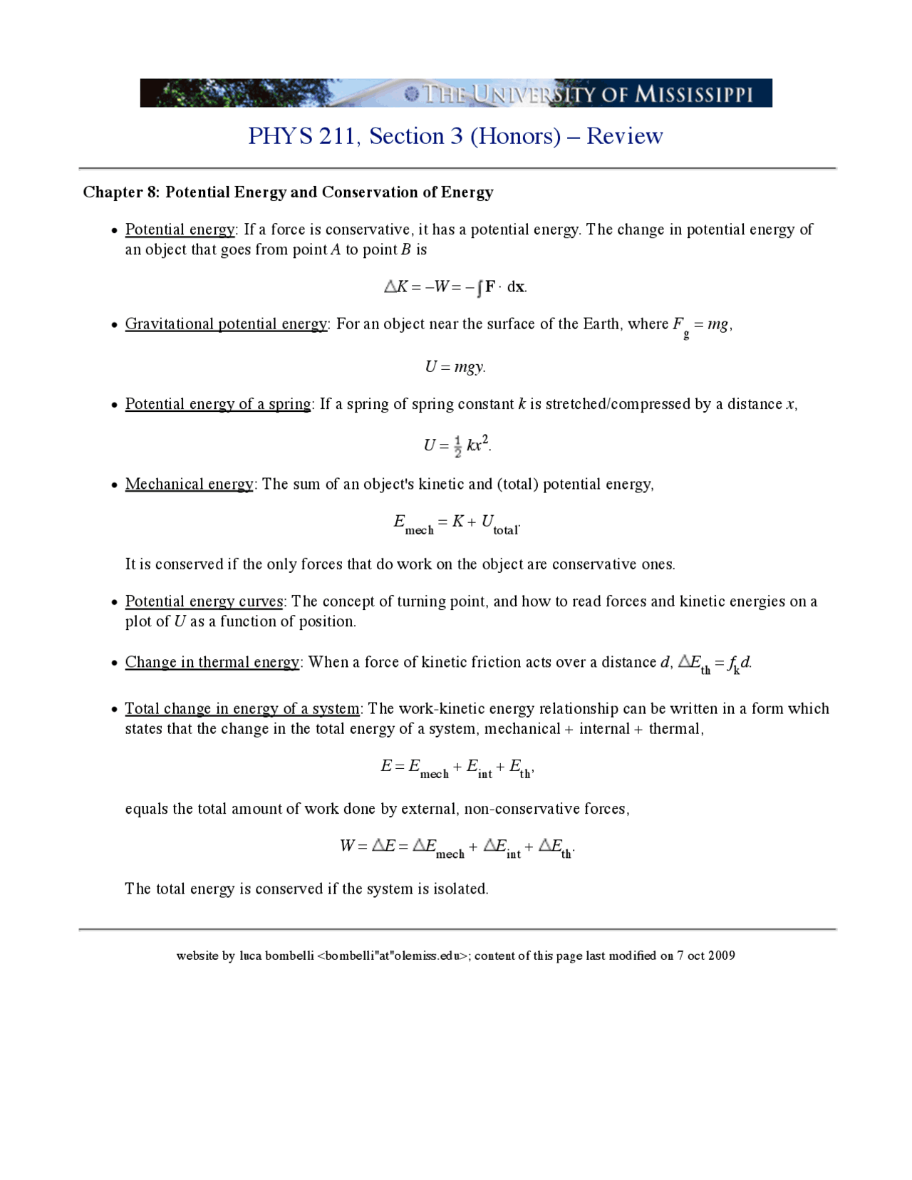 Potential Energy And Conservation Of Energy Review Sheet Phys 211