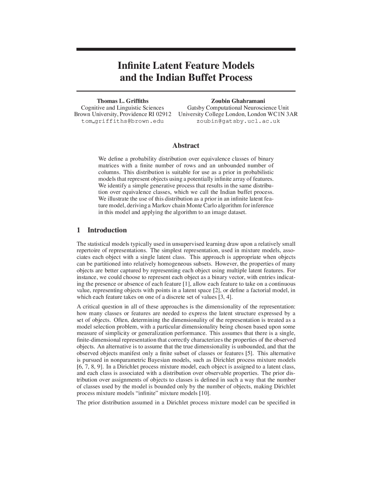 Infinite Latent Feature Models and the Indian Buffet Process | CIS 700 ...