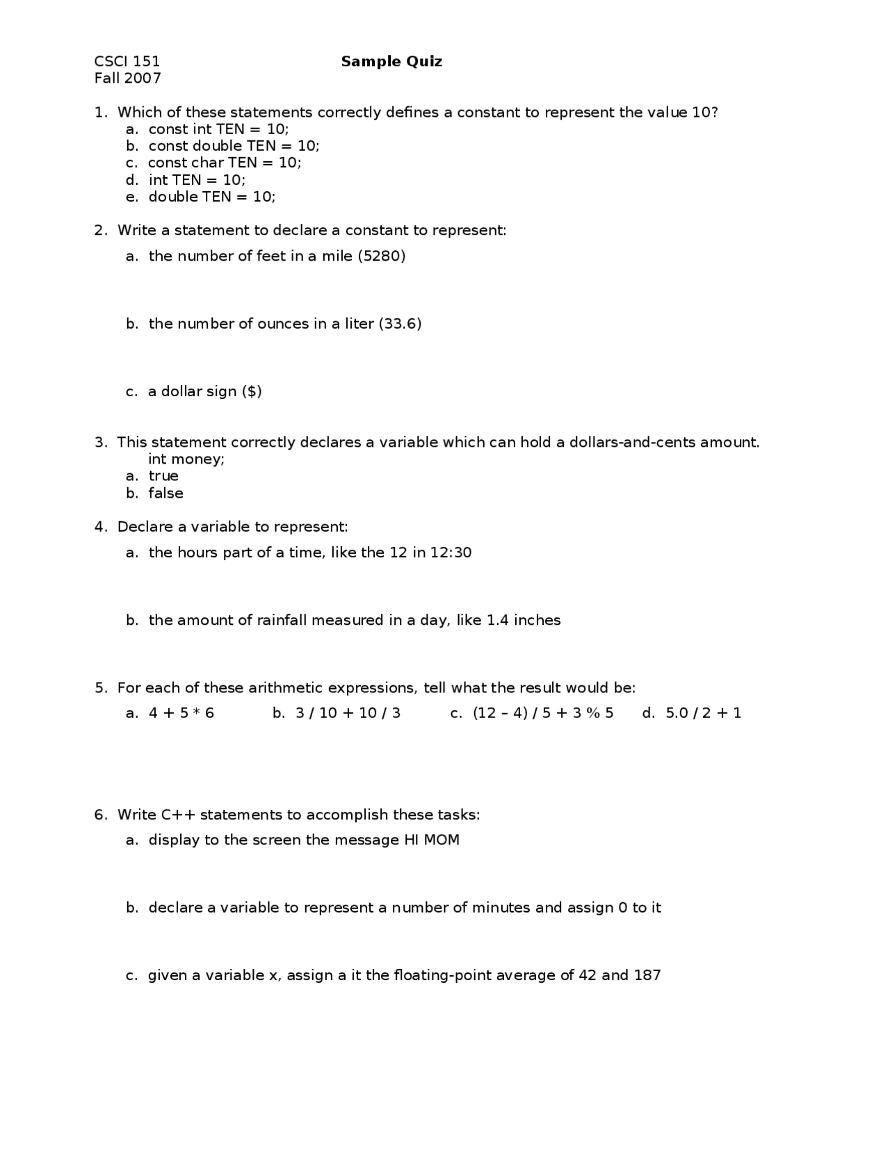 Sample Quiz On Programming Fundamentals I Fall 2007 Csci 151 Docsity