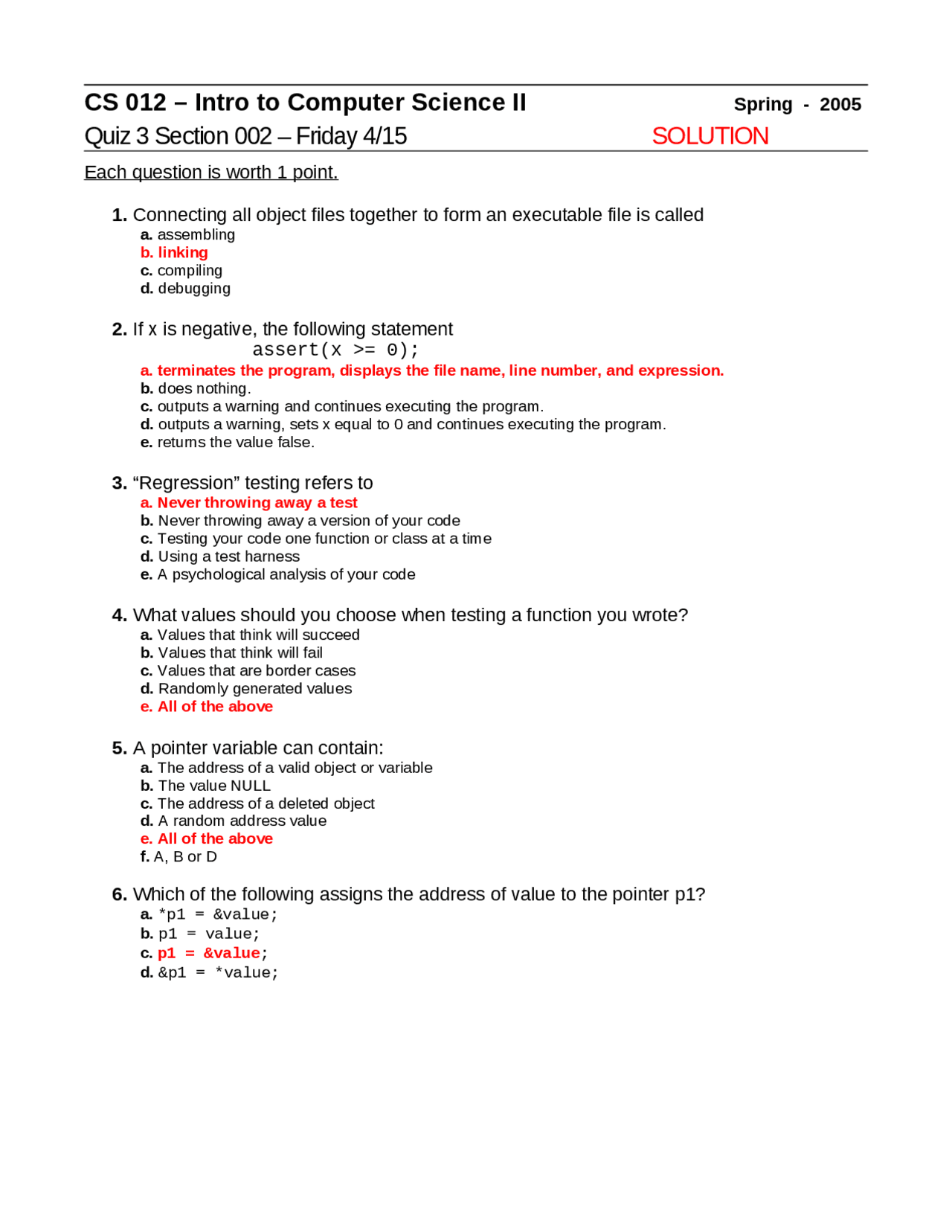 Quiz 1 With Answer Key Introduction To Computer Science Ii Cs 012 Docsity