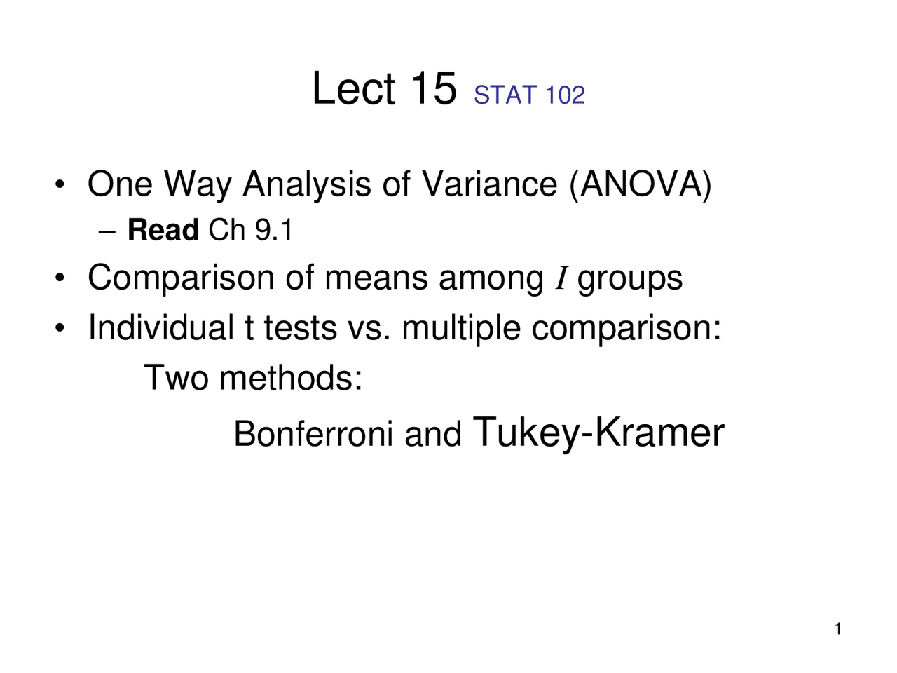 One Way Analysis Of Variance Lecture Notes Stat 102 Docsity